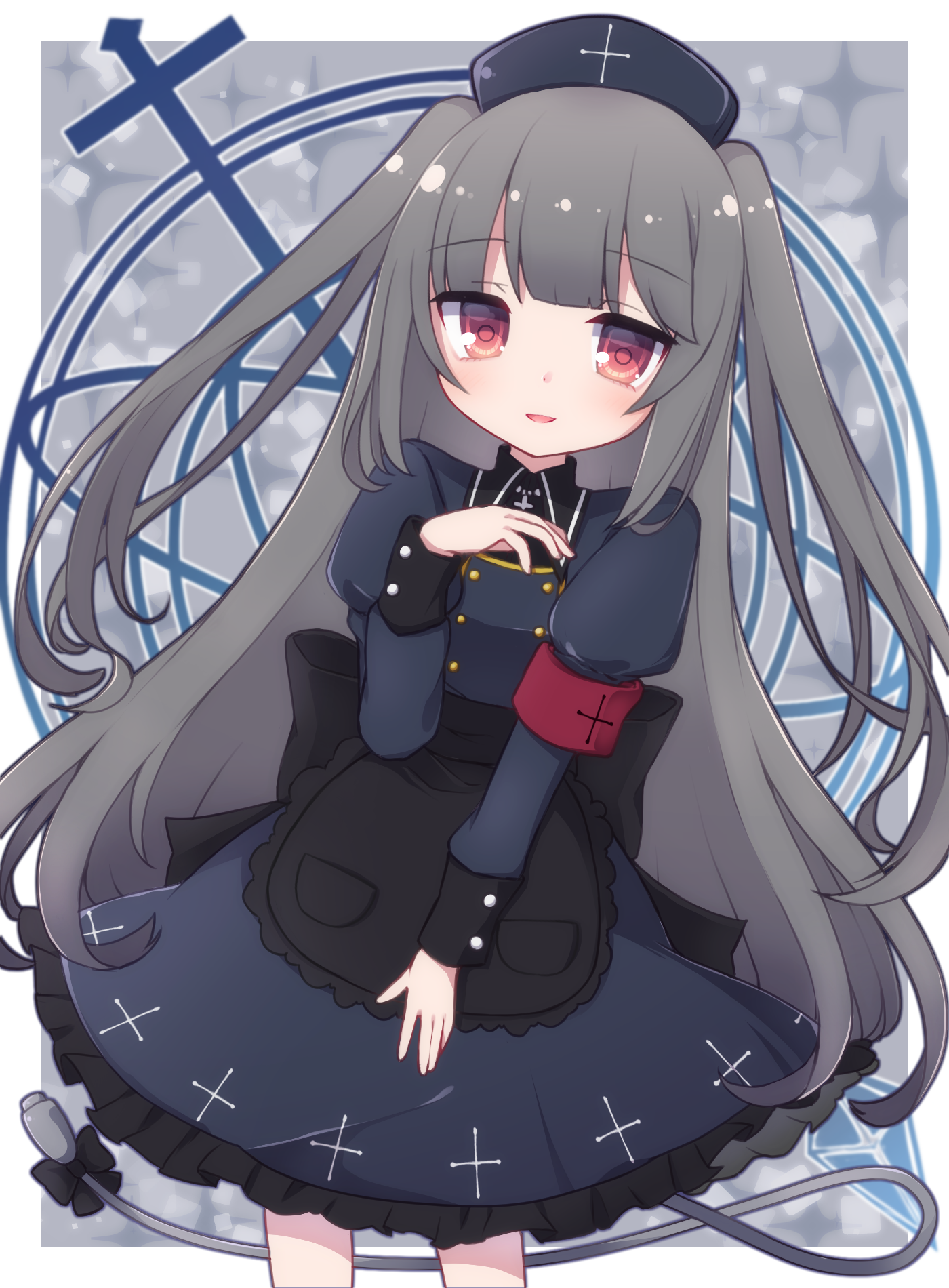 Safebooru - 1girl :d apron armband bangs black apron black bow black dress black headwear bow ...