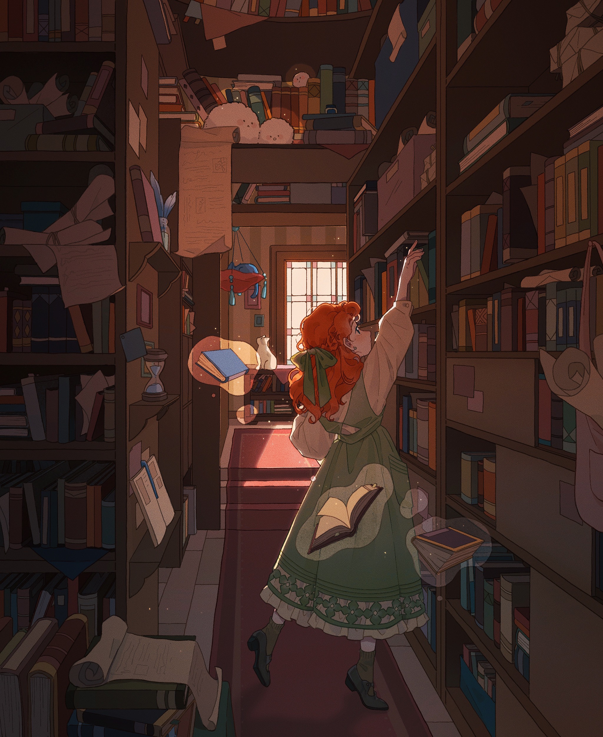 Safebooru - 1girl absurdres arm up black eyes black footwear book book stack bookshelf bow ...