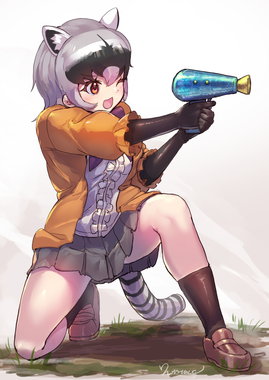 Safebooru - aiming animal ears black socks blush bow bowtie brown footwear brown gloves center ...