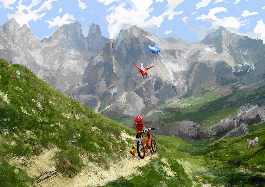 Safebooru - 1girl bandana bicycle black socks brown hair clouds ...