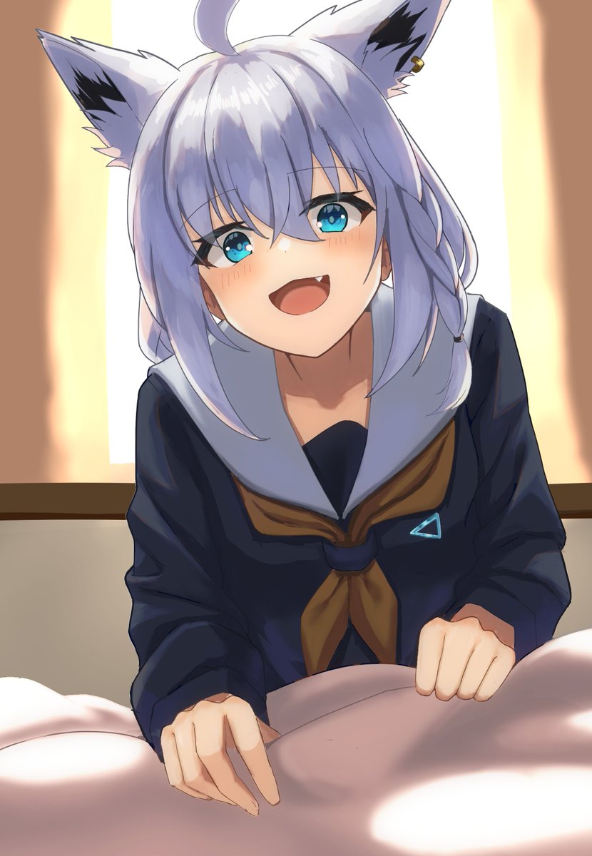 Safebooru - 1girl ahoge animal ear fluff animal ears bangs bed sheet blue serafuku blurry blurry ...