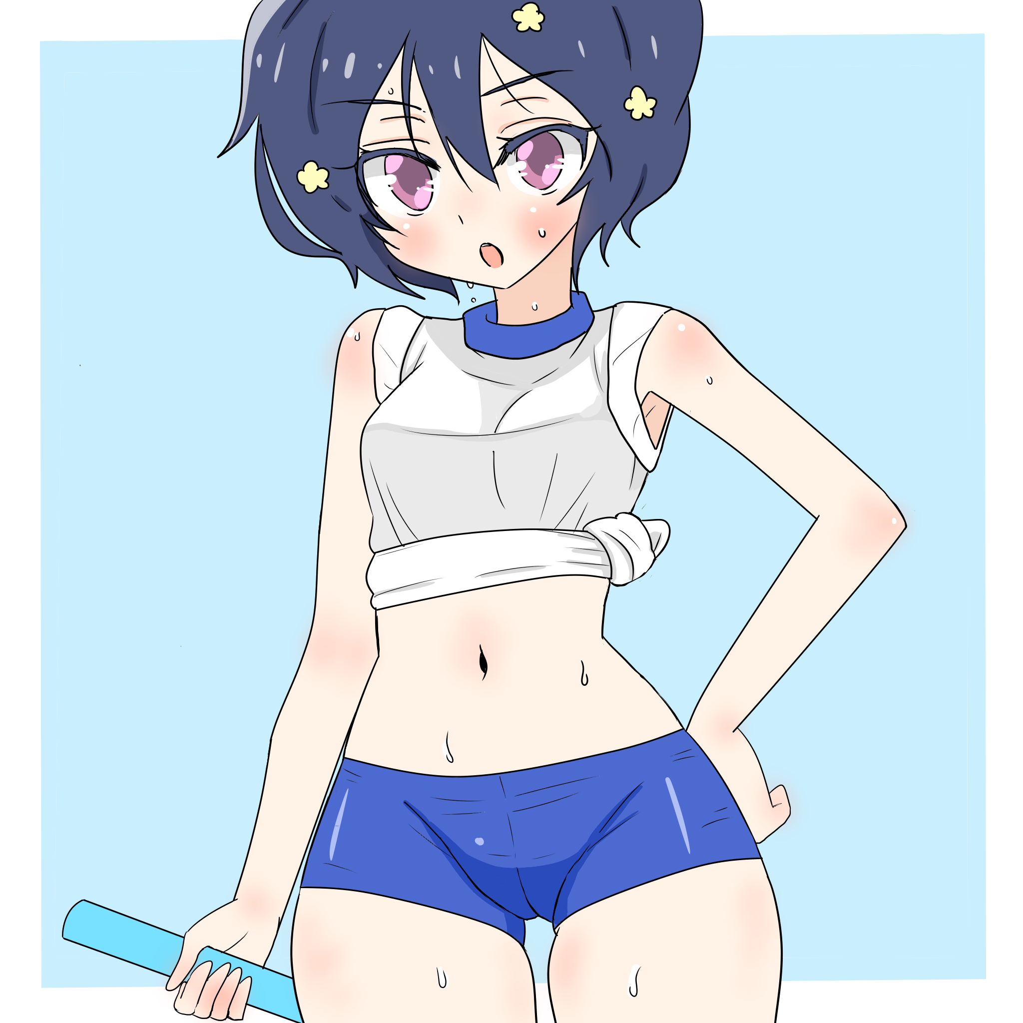 Safebooru - 1girl bangs baton black hair blue background blush breasts buruma check commentary ...
