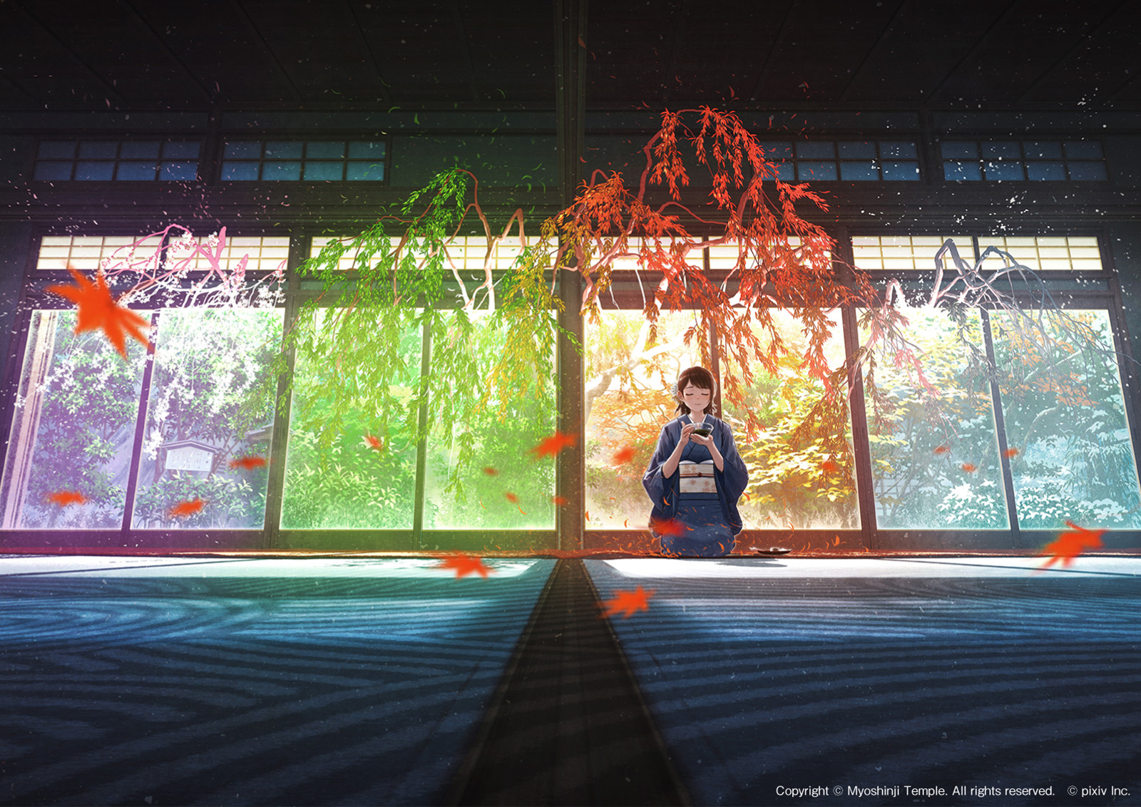 Safebooru - 1girl autumn autumn leaves bangs black hair blue kimono branch breasts closed mouth ...