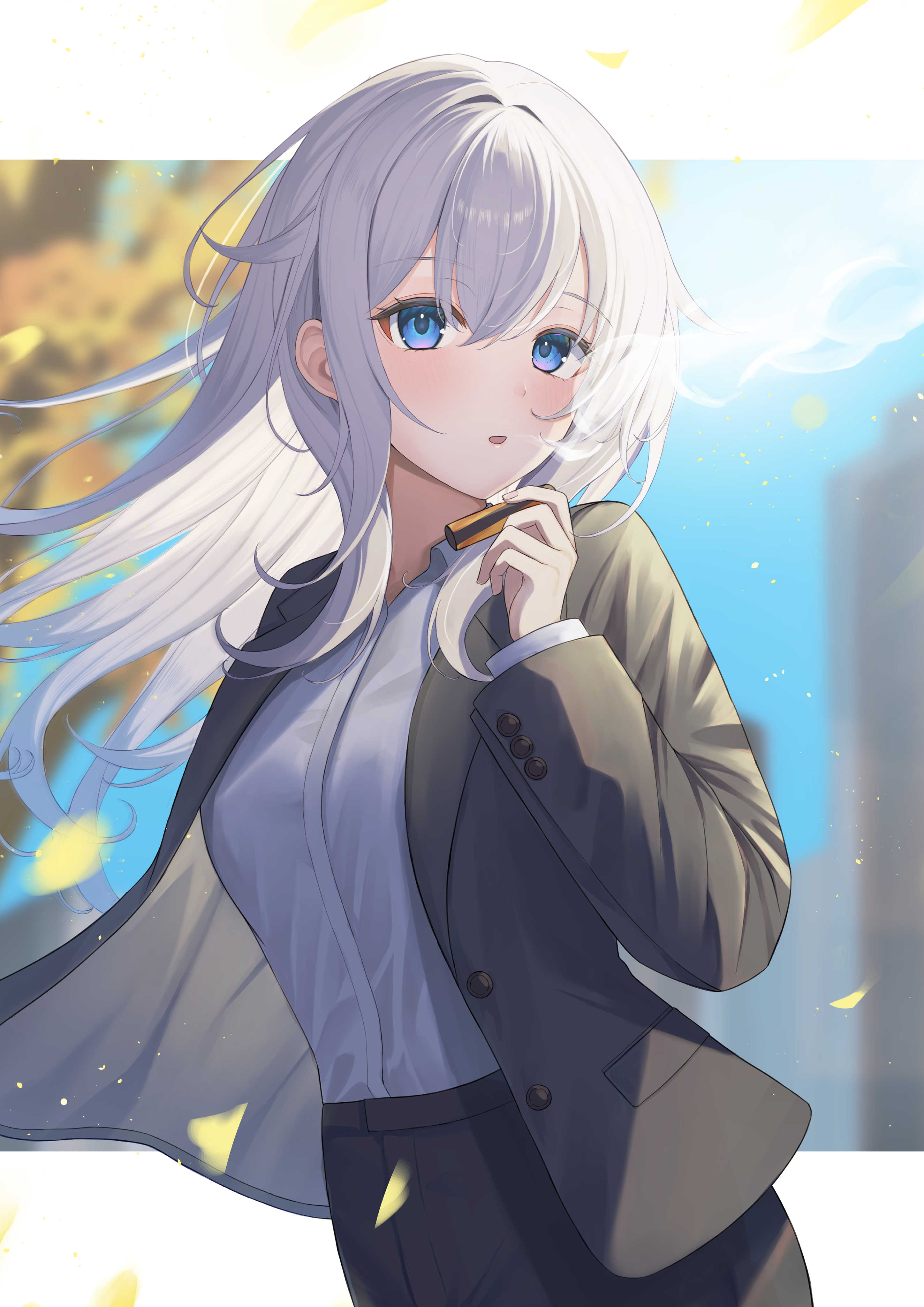Safebooru - 1girl absurdres bangs black pants blue eyes blue sky blurry blurry background ...