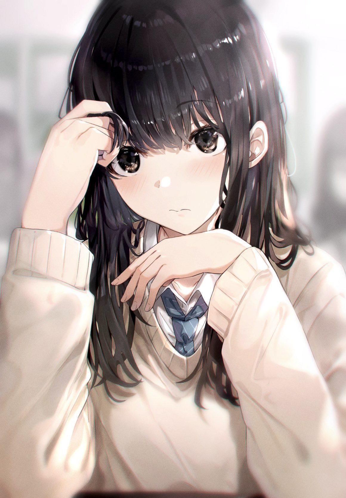 Safebooru - 1girl black hair blurry blurry background blush highres holding holding hair ...