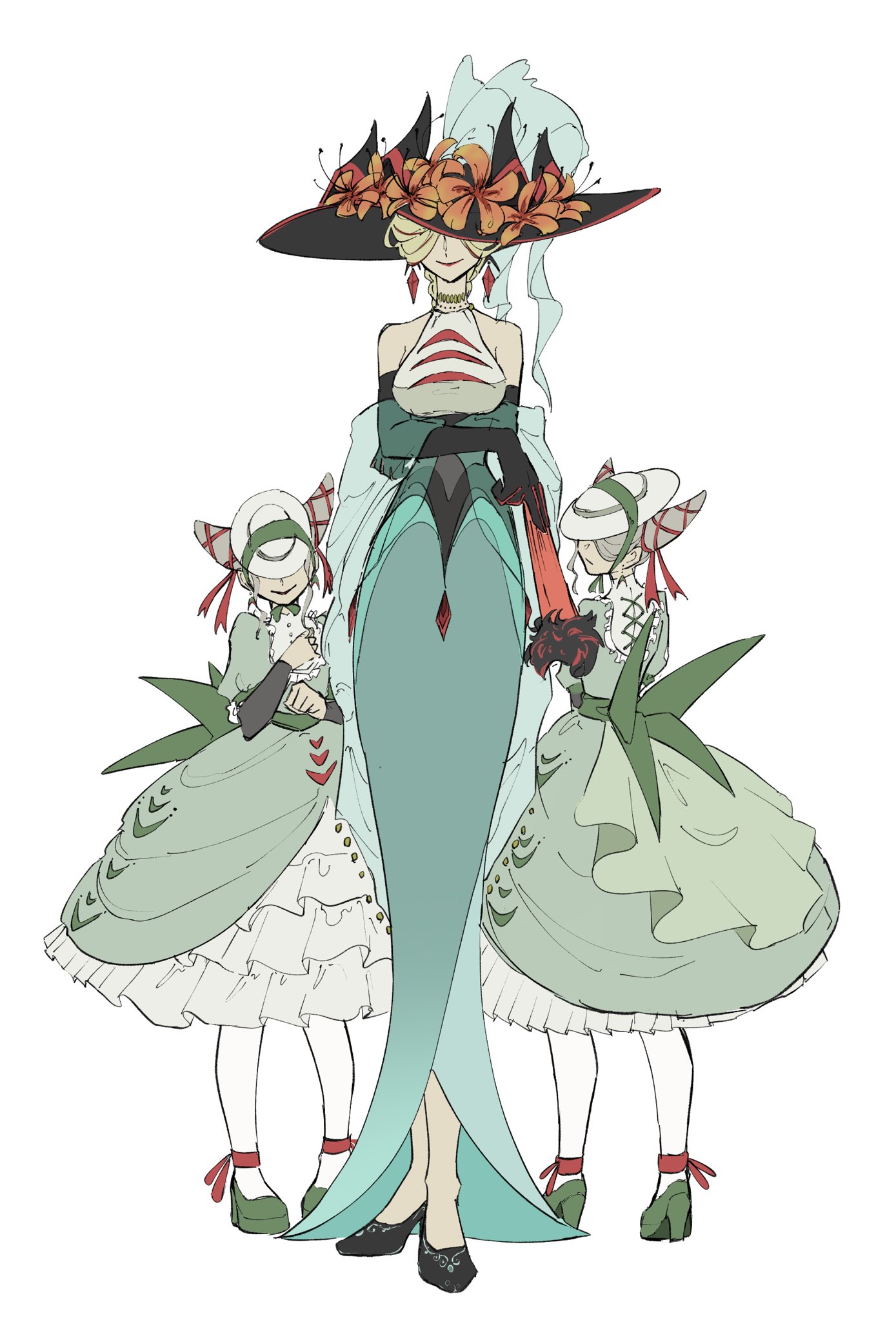 Safebooru - 3girls bare shoulders black footwear black gloves black headwear blonde hair breasts ...