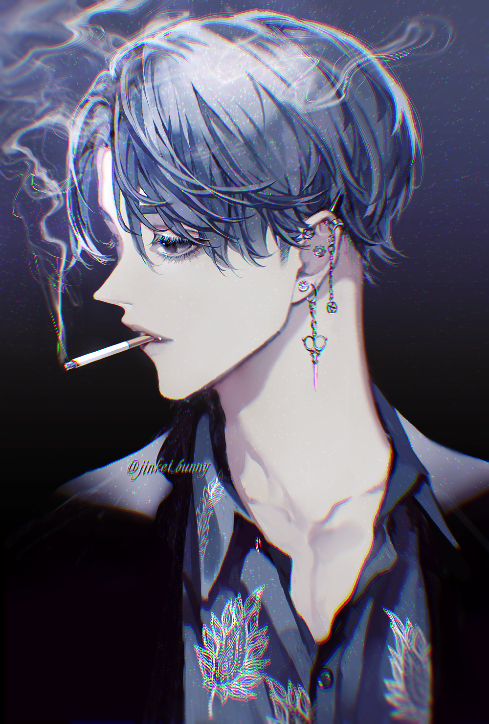 Safebooru - 1boy bishounen black eyes blue hair cigarette collarbone collared shirt earrings ...