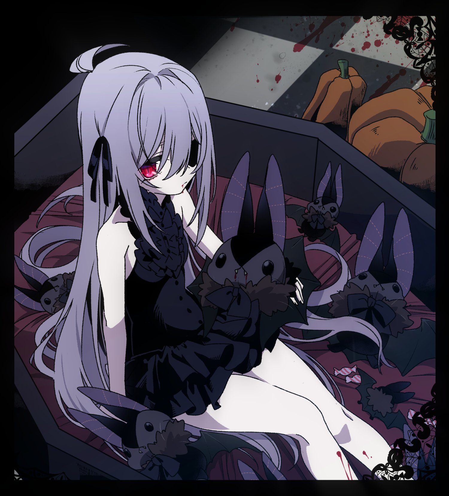 Safebooru - 1girl ahoge bare shoulders black dress black ribbon blood blood splatter coffin ...
