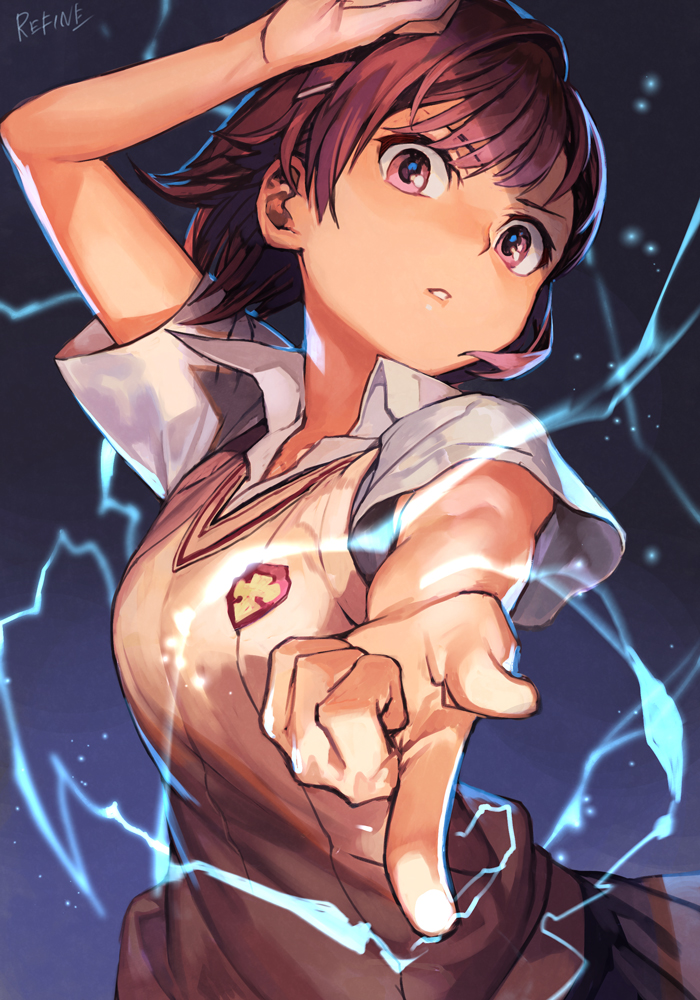 Safebooru - 1girl arm above head brown eyes brown hair collared shirt dark background ...