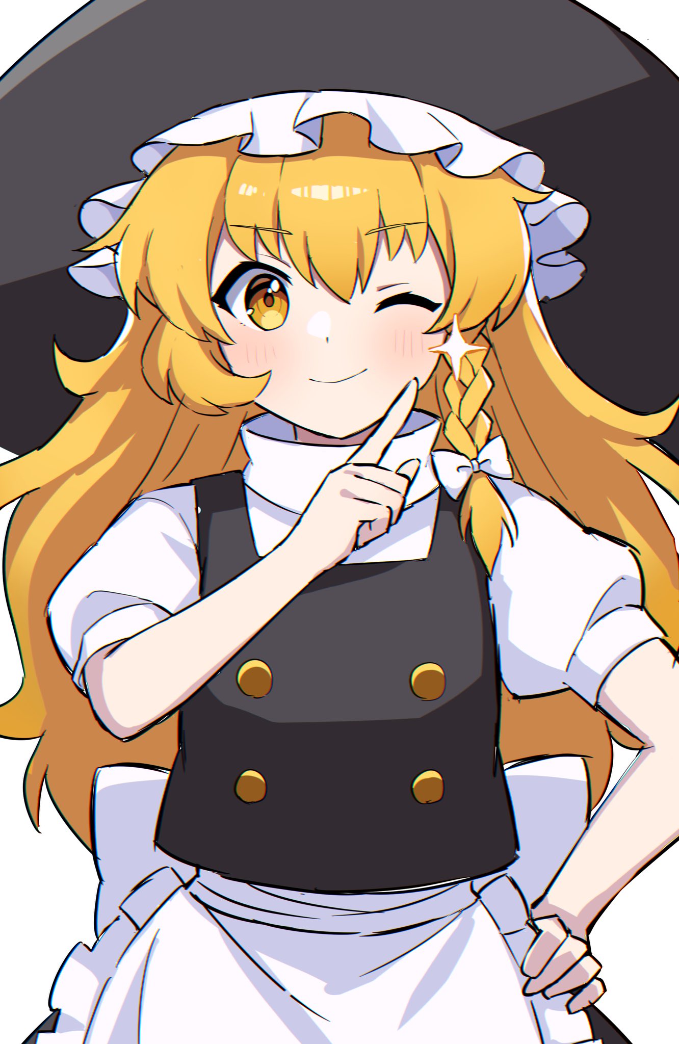 Safebooru - 1girl ;) apron black headwear black vest blonde hair braid closed mouth hand on hip ...
