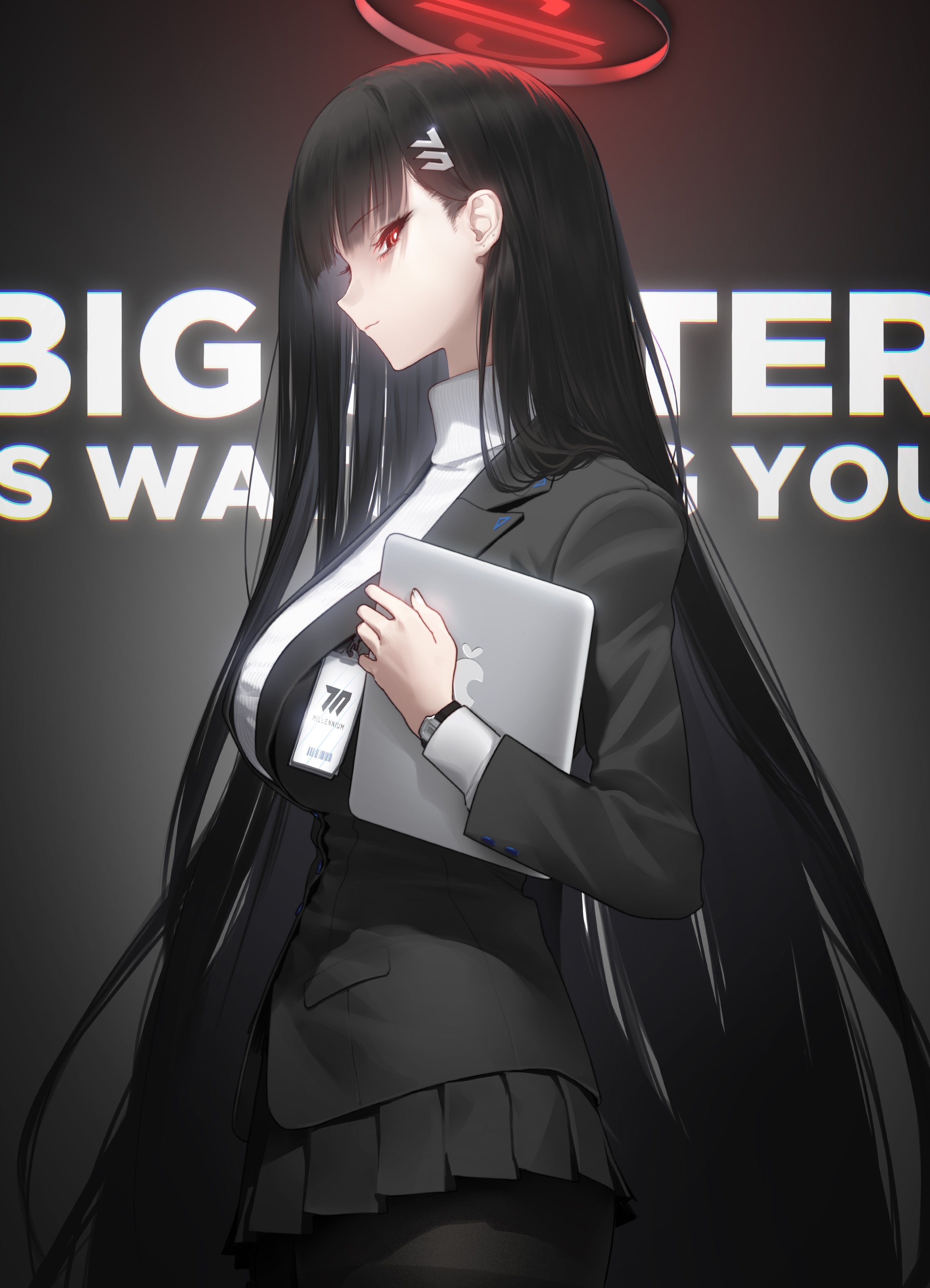 Safebooru - 1girl absurdres arm at side bangs black hair black jacket black suit blue archive ...