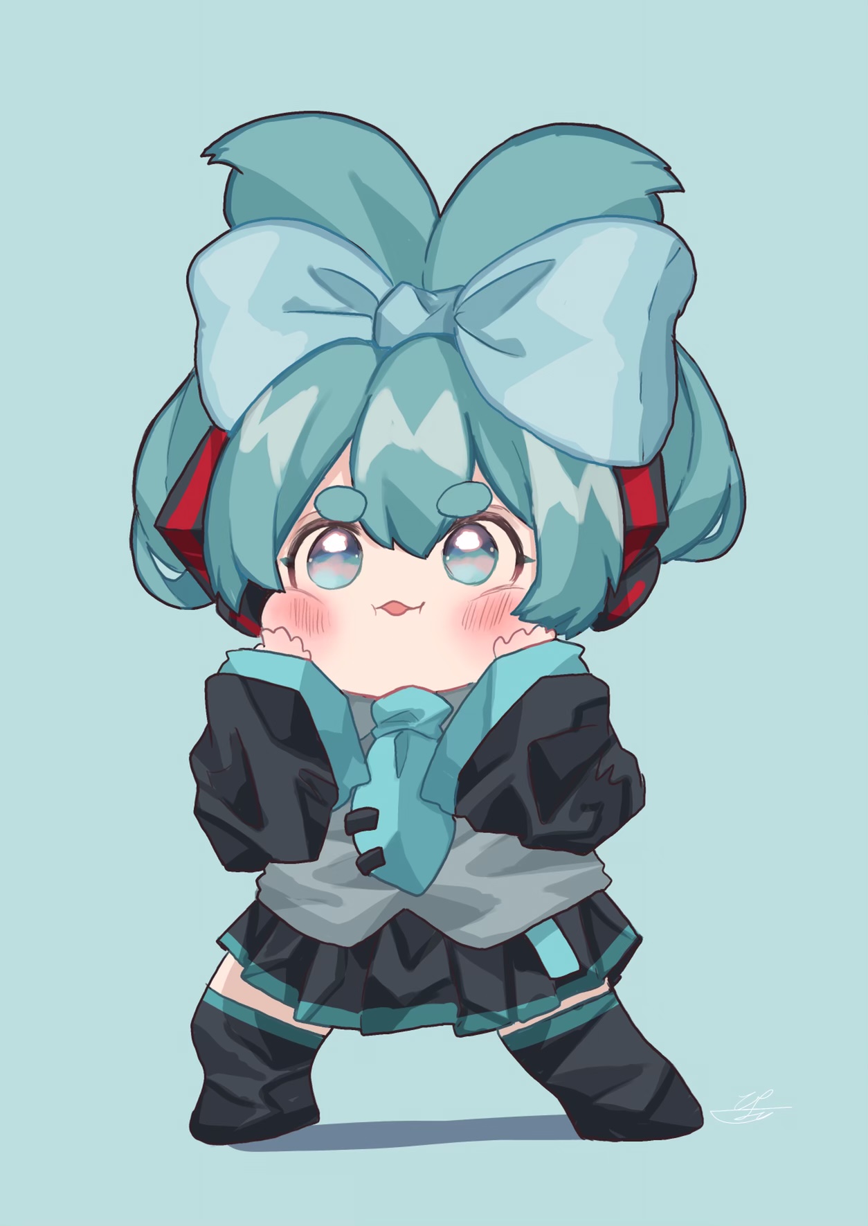 Safebooru - 1girl aqua hair bangs blue background blue bow blue eyes blush bow chibi cinnamiku ...