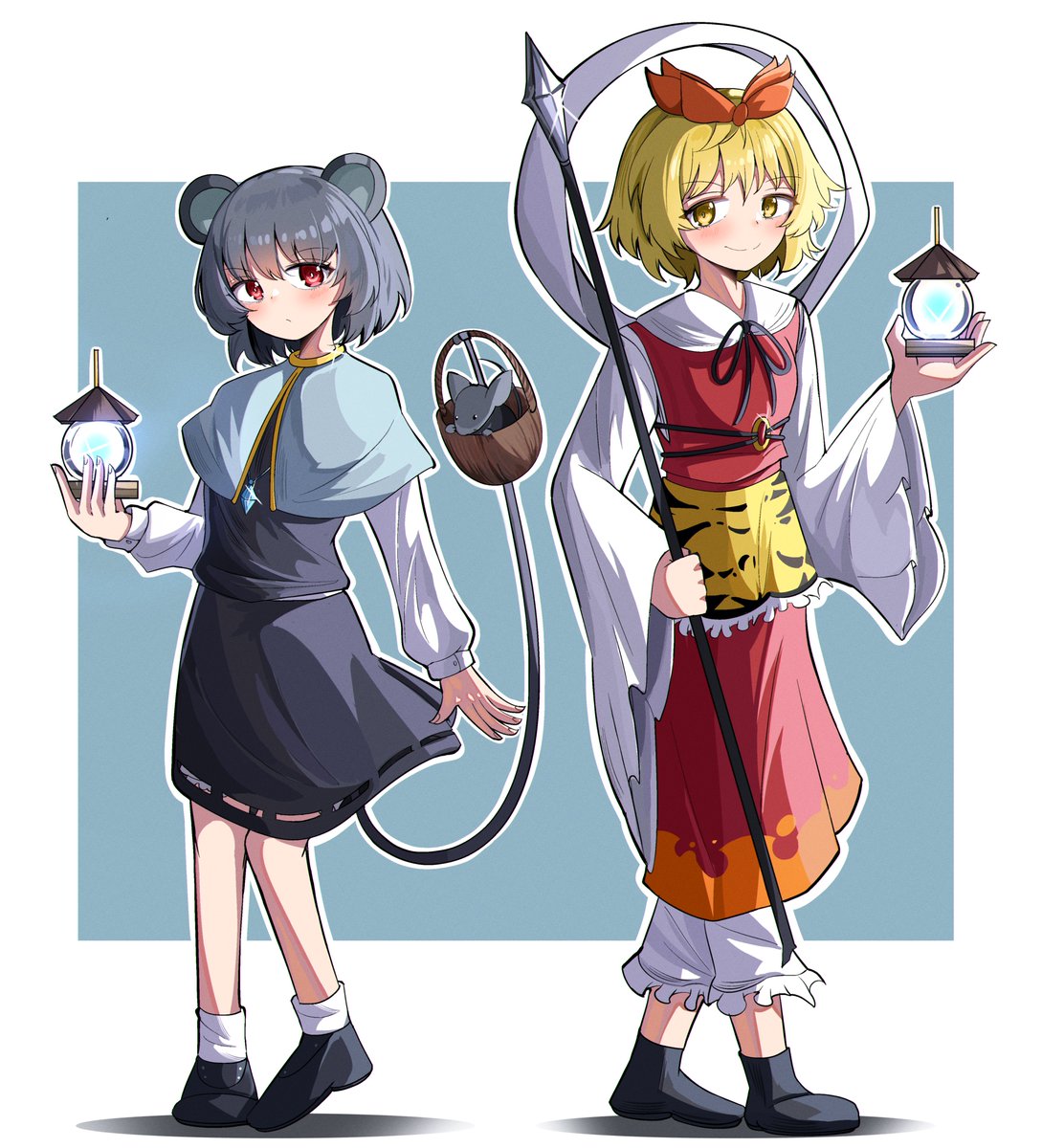 Safebooru - 2girls animal ears animal print basket bishamonten's pagoda bishamonten's spear ...