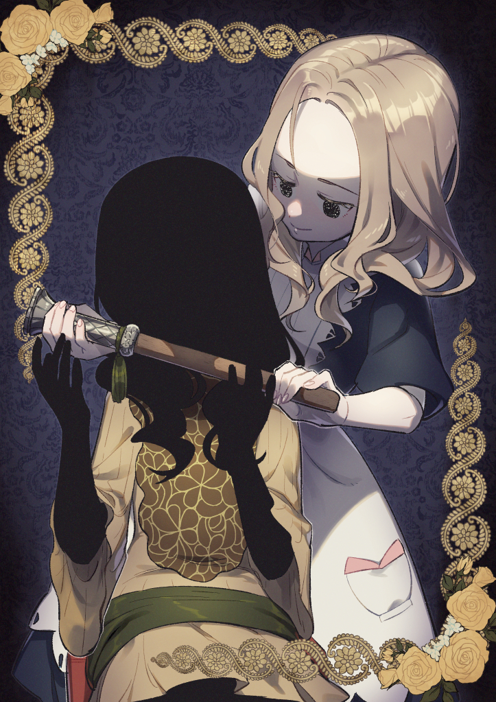 Safebooru - 2girls apron black eyes black hair black skin blonde hair ...