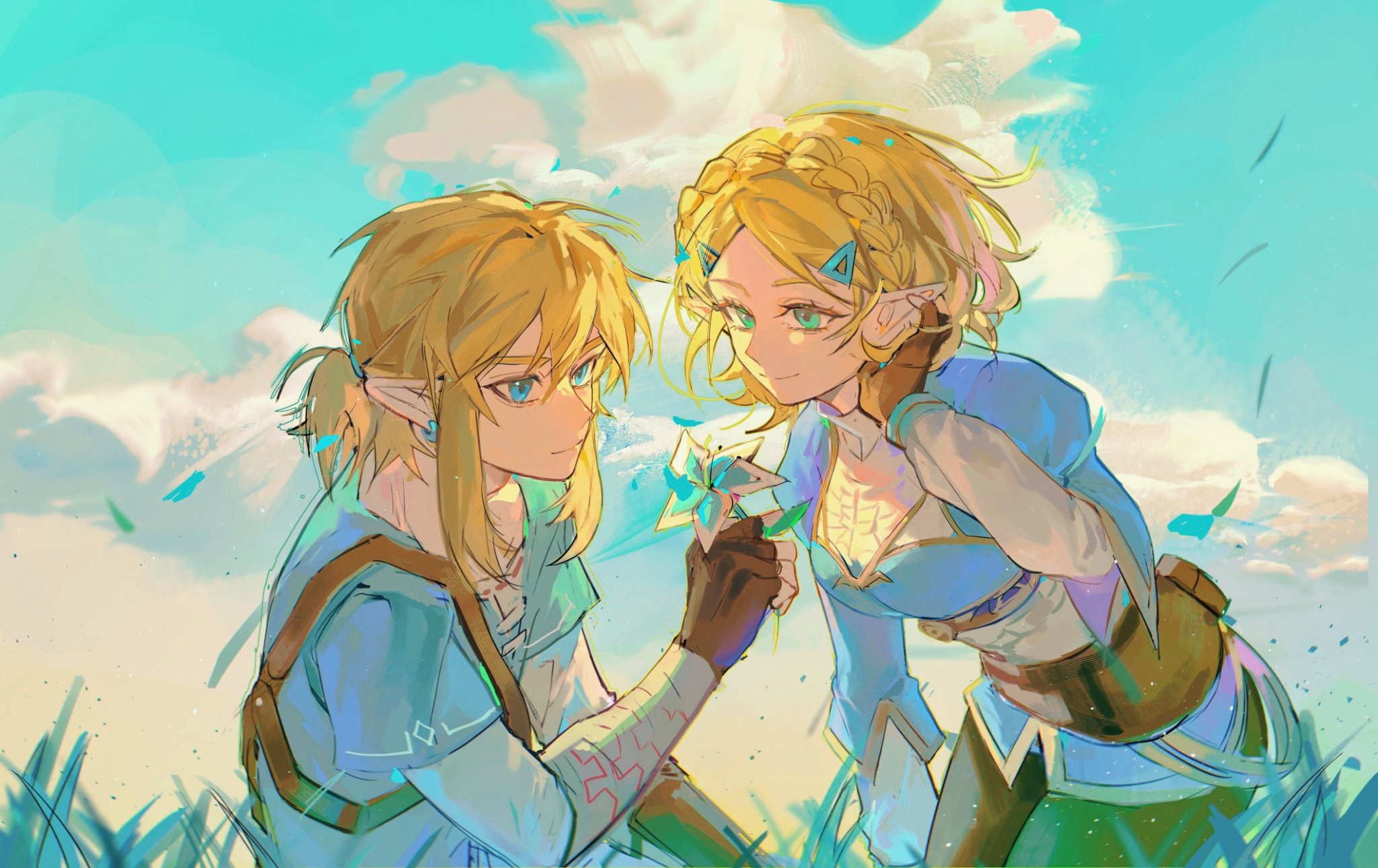 Safebooru - 1boy 1girl bangs binxngchng1 black pants blonde hair blue eyes blue shirt blue tunic ...