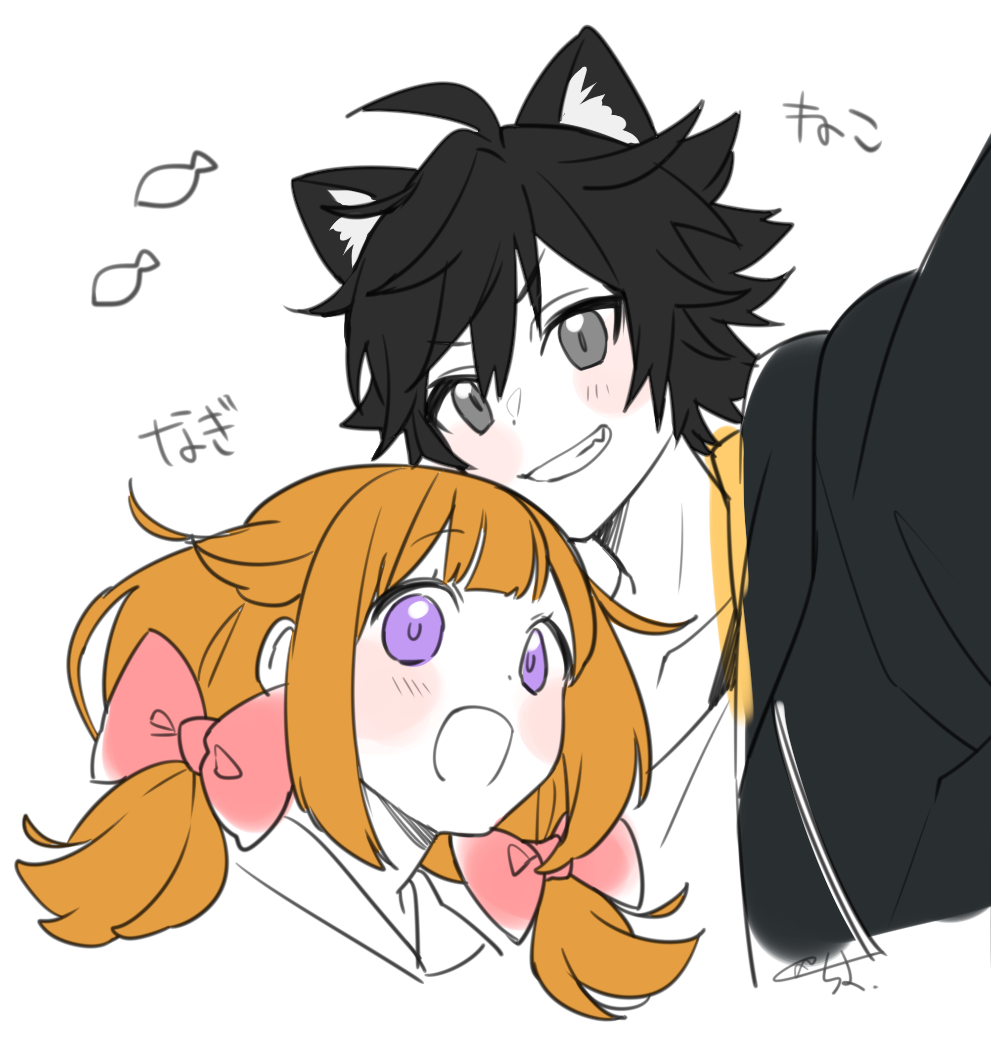 Safebooru - 1boy 1girl :d bangs black hair black jacket blush bow brown hair copyright request ...