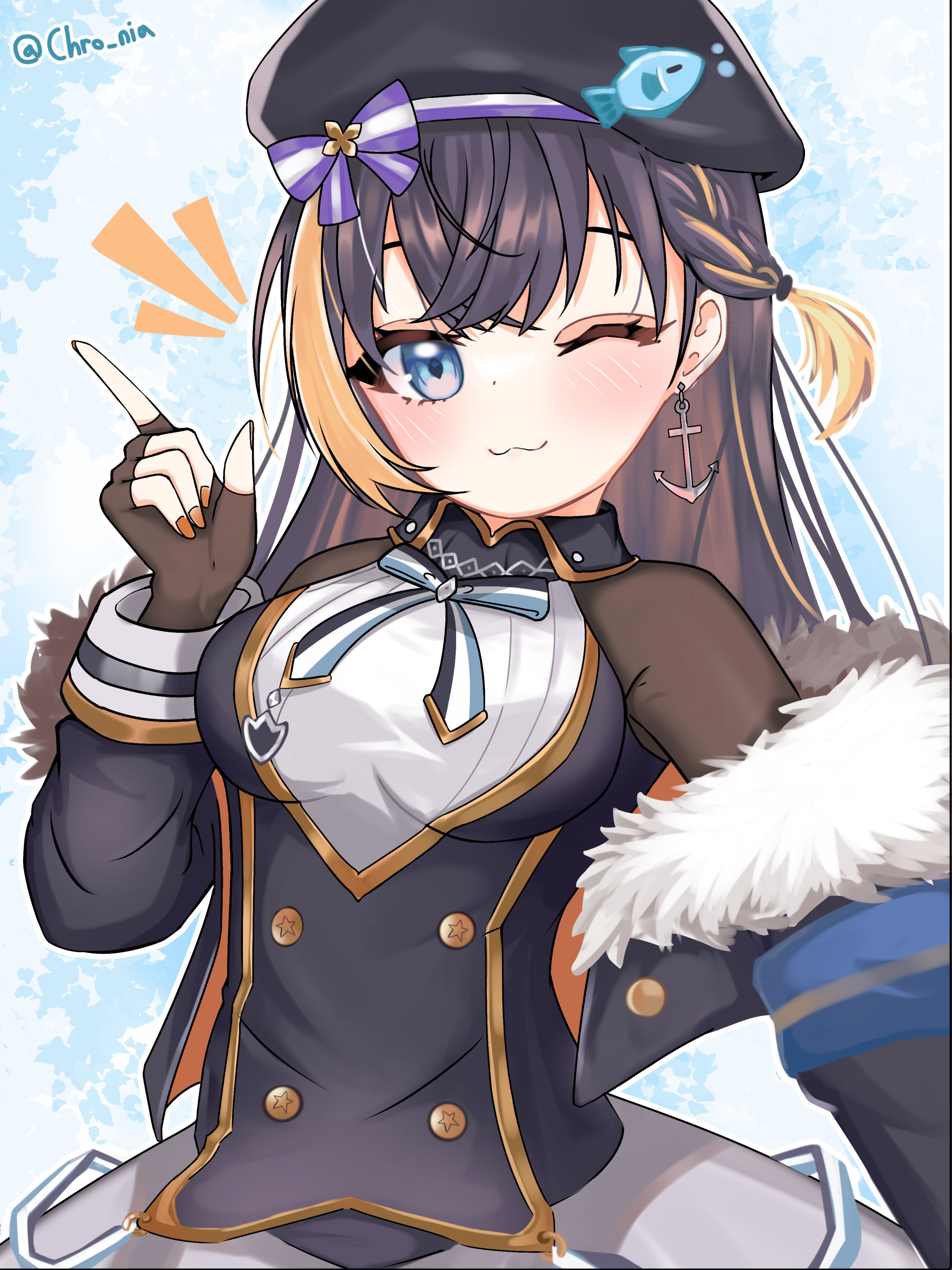 Safebooru - 1girl :3 absurdres anchor earrings beret black hair blue eyes blush bodystocking ...