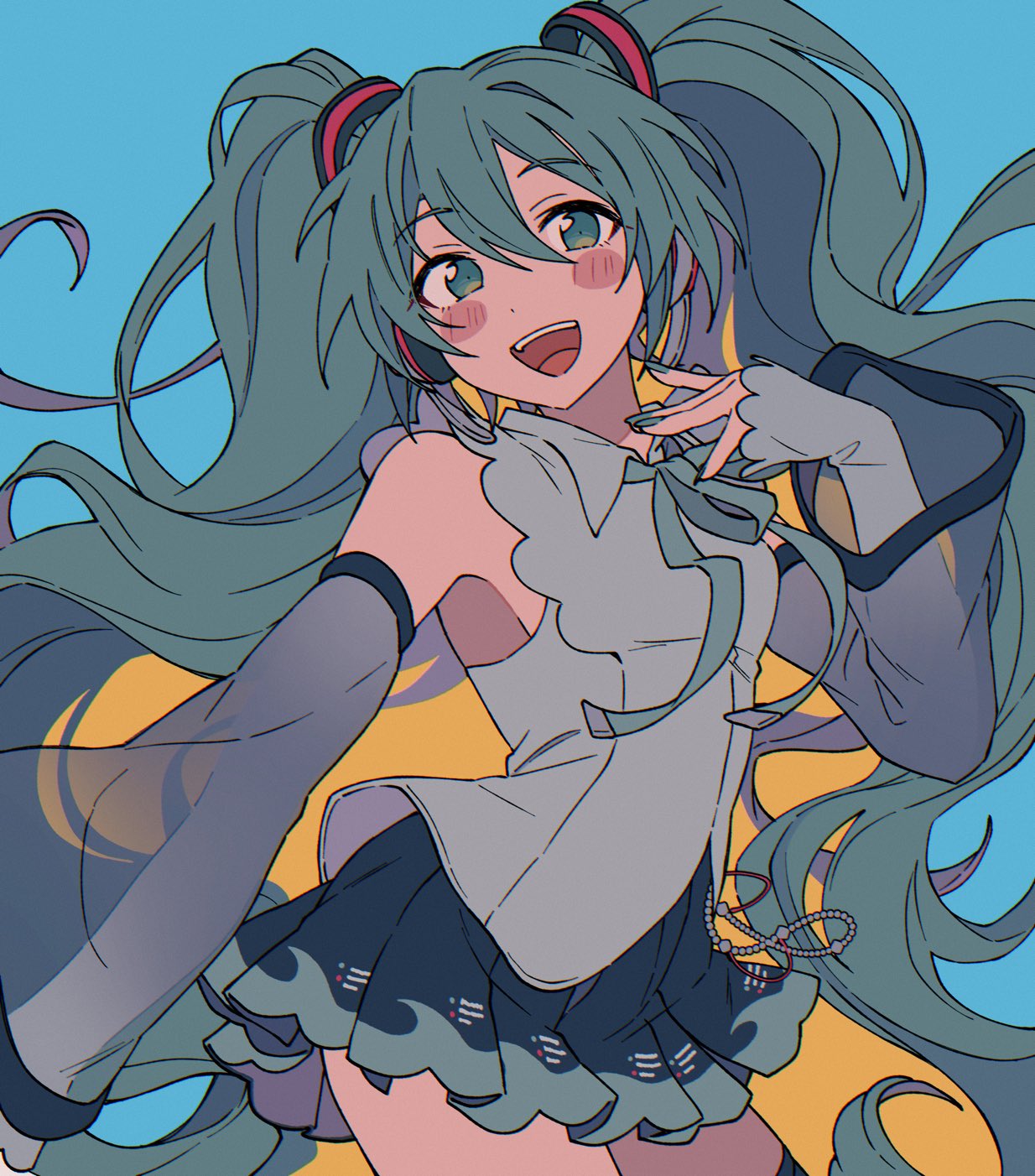 Safebooru - 1girl :d aqua eyes aqua hair aqua nails aqua ribbon bangs black skirt blush breasts ...