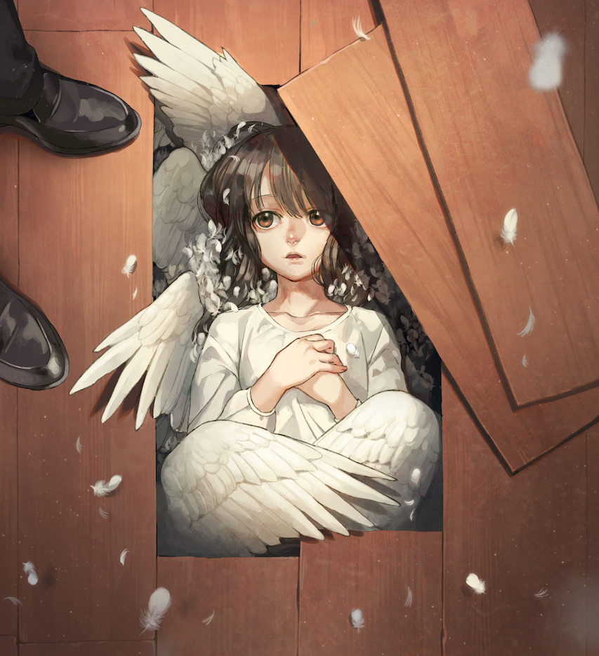Safebooru - 1girl angel angel wings black footwear brown background brown eyes brown hair ...