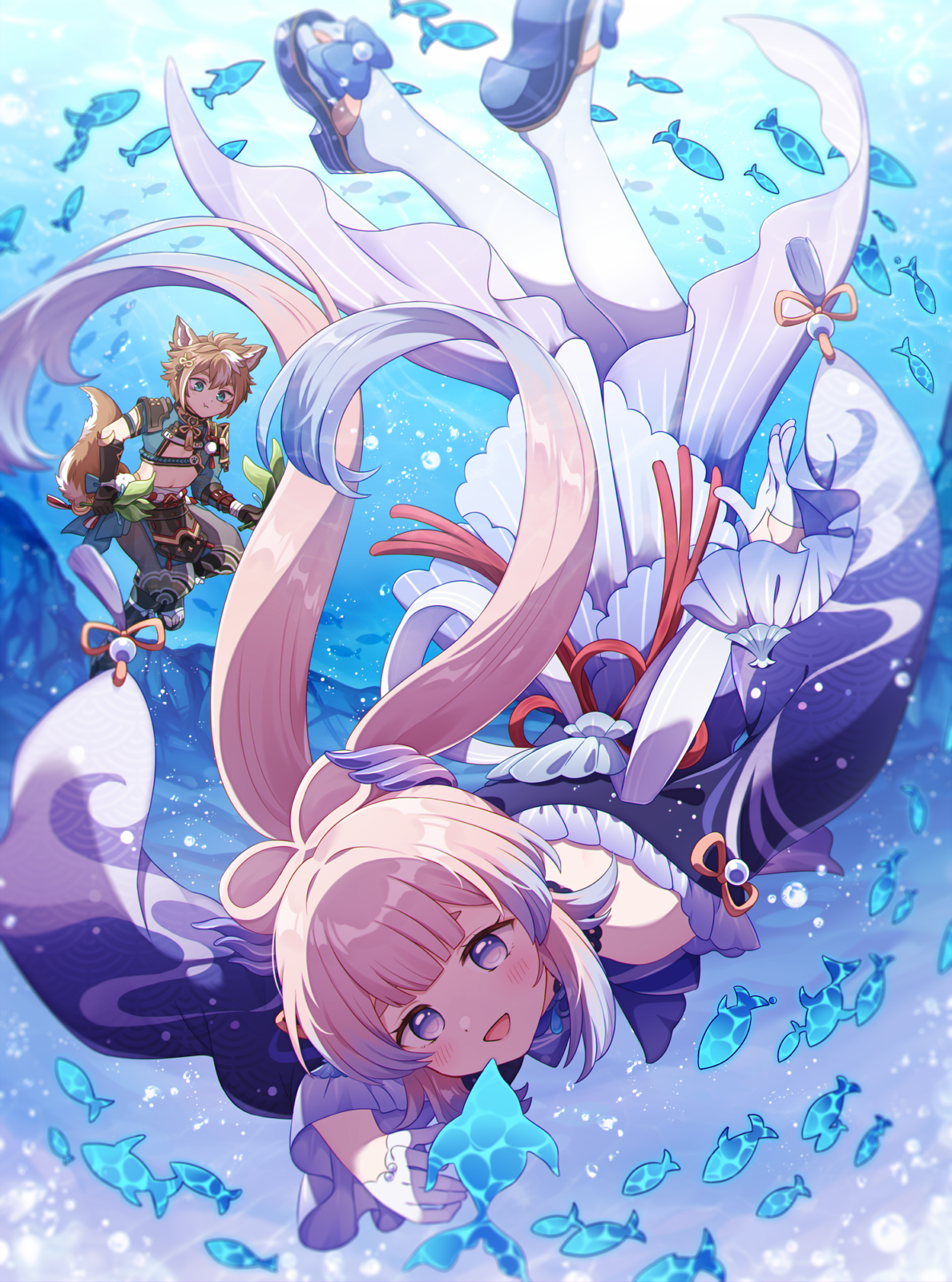 Safebooru - 1boy 1girl :d animal ears bangs belt blue eyes blue hair blunt bangs blush bow bow ...