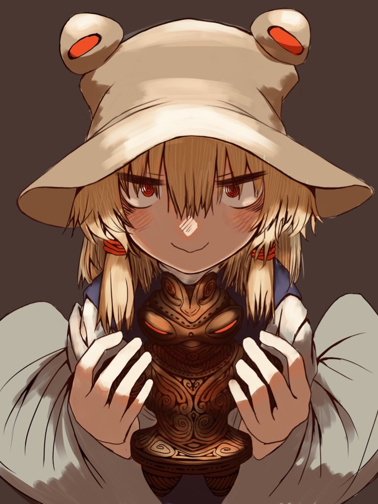 Safebooru - 1girl blonde hair brown background brown headwear closed mouth doguu hair between ...