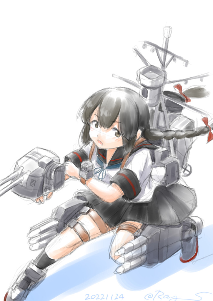 Safebooru - 1girl adapted turret black eyes black hair black sailor collar black skirt blue ...