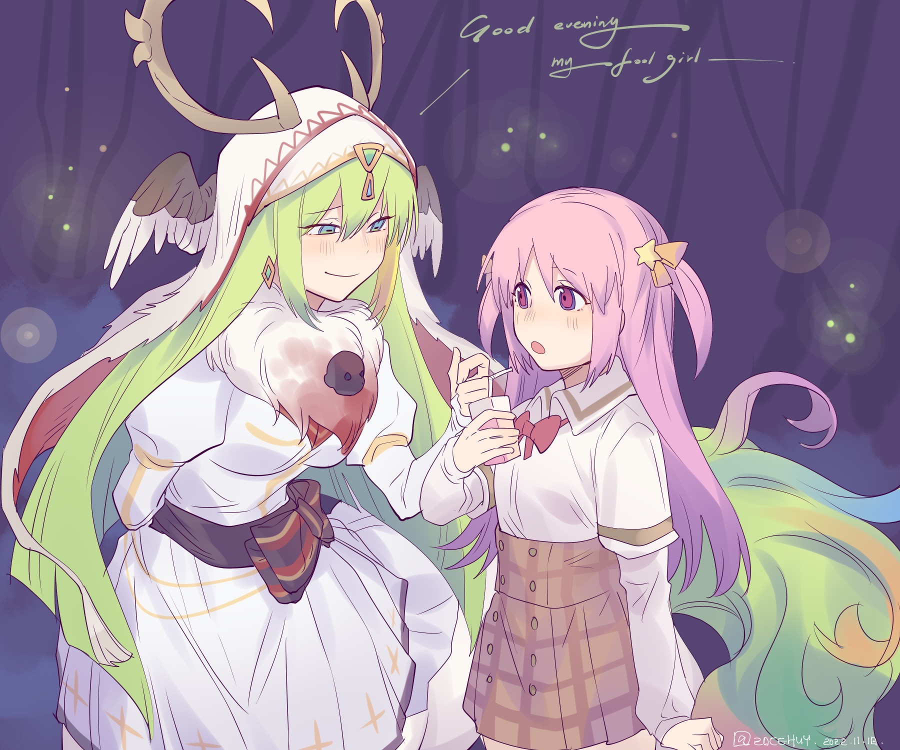 Safebooru - 2girls alina gray antlers aqua eyes bangs bow bowtie brown skirt centaur earrings ...