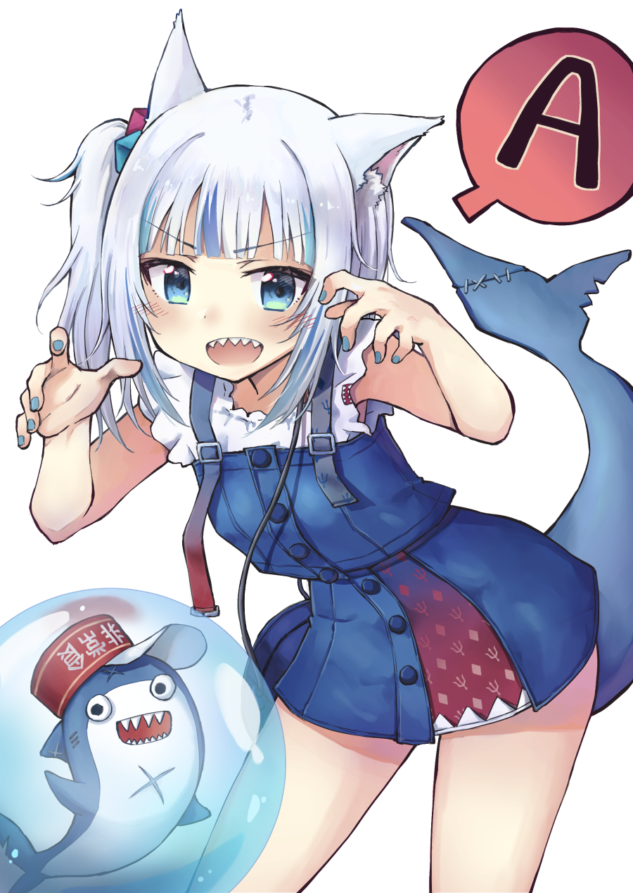 Safebooru - 1girl animal ears bag bangs bloop (gawr gura) blue eyes blue hair blunt bangs casual ...