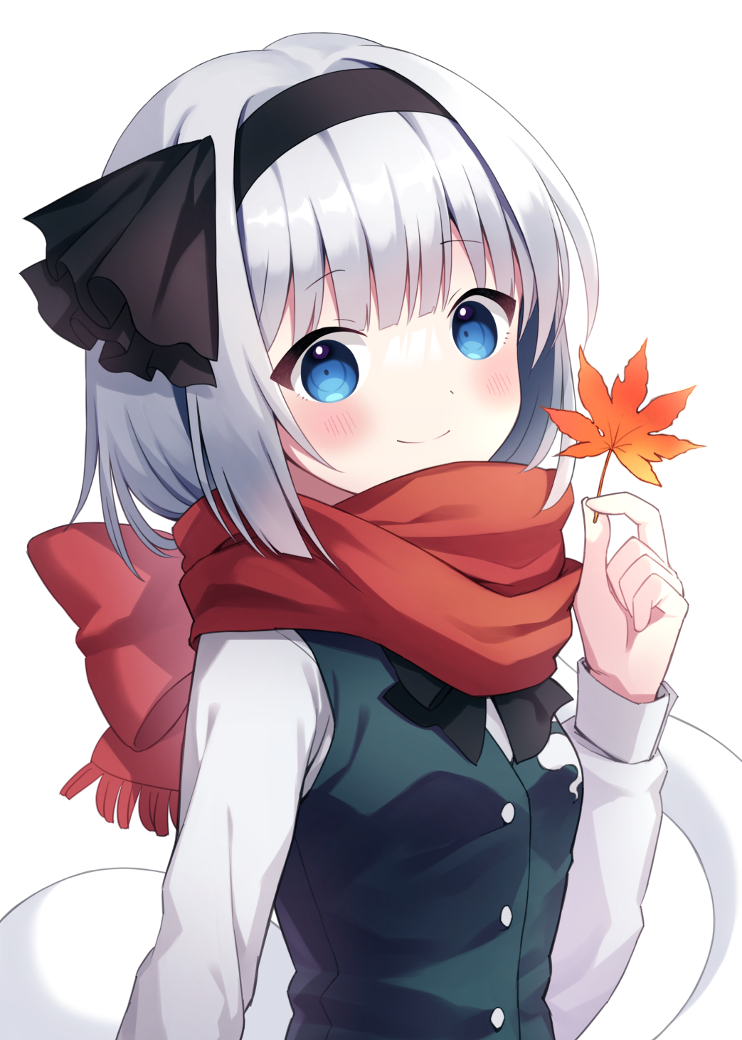 Safebooru - 1girl black hairband black ribbon blue eyes blush closed mouth collared shirt green ...