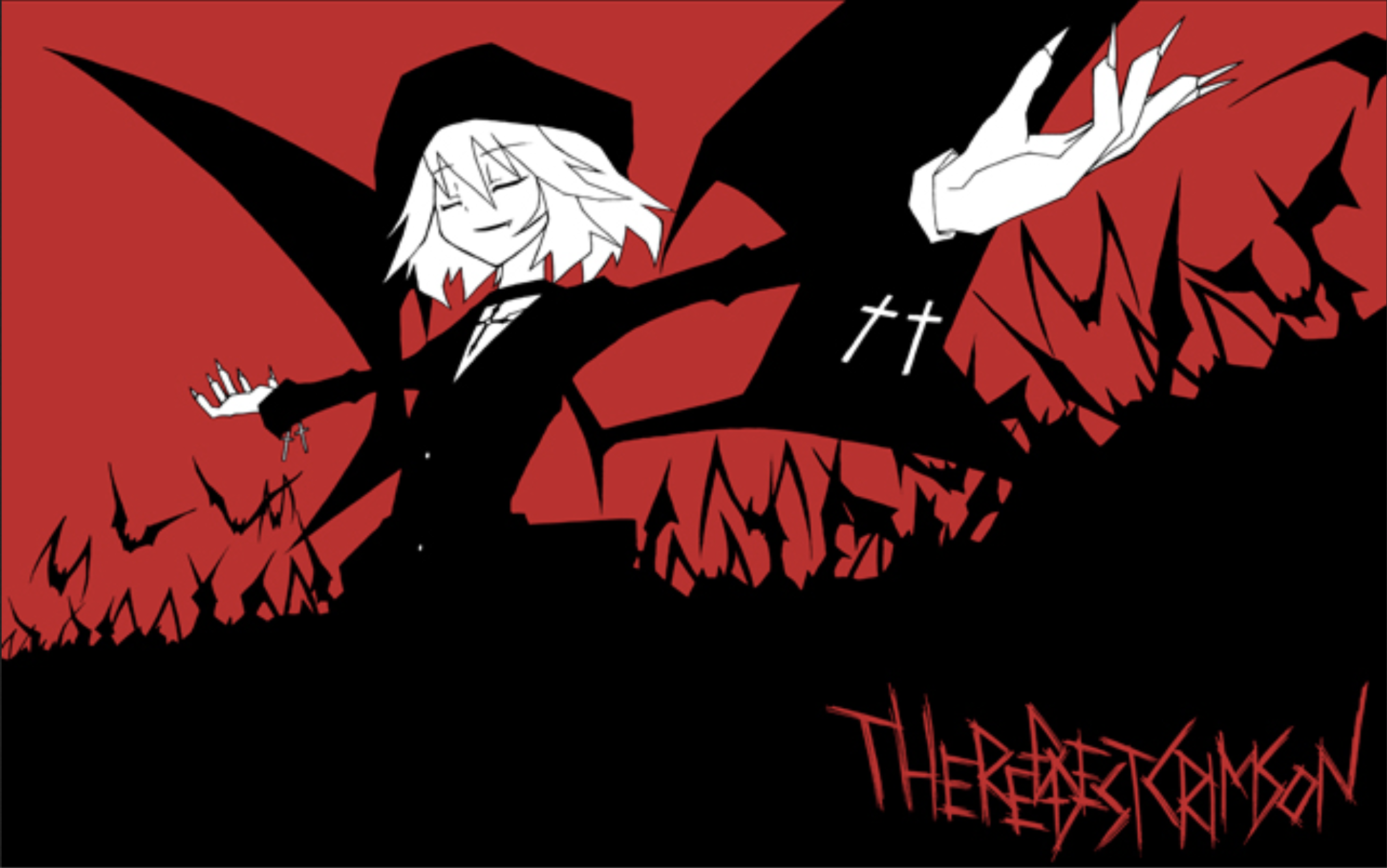 Safebooru - akakage red arms up bat (animal) bat wings black background black dress black ...