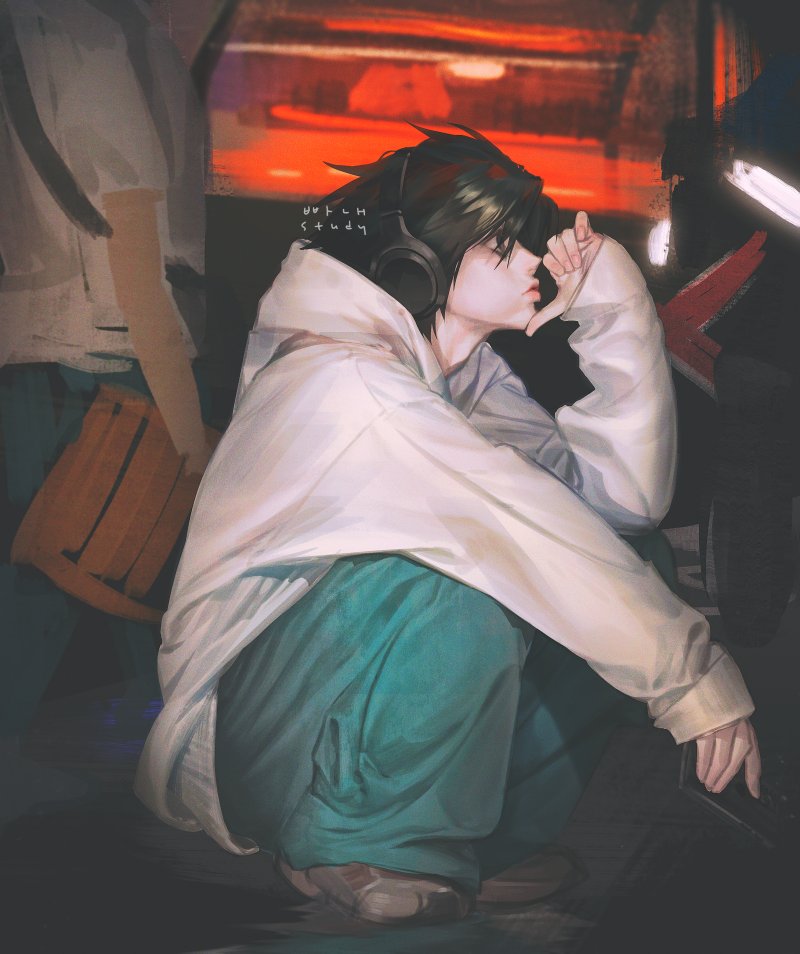 Safebooru - 1boy baggy clothes baggy pants black eyes black hair blue pants death note hair ...