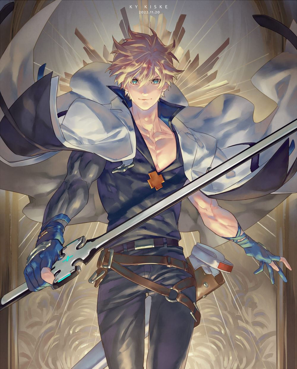 Safebooru - 1boy bangs belt black pants black shirt blonde hair blue eyes blue gloves brown belt ...