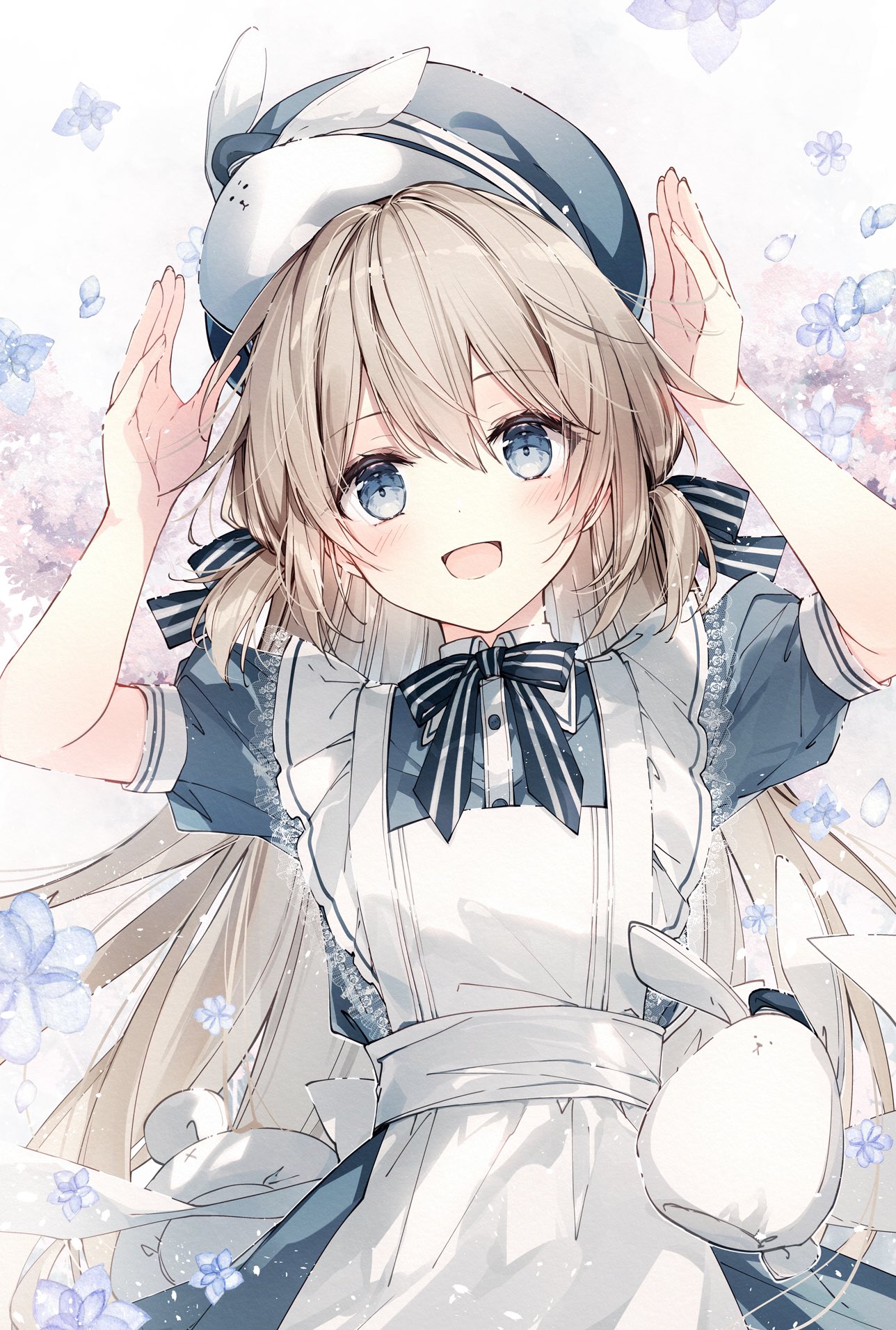 Safebooru - 1girl :d animal animal on head apron arms up bangs beret black bow blue dress blue ...