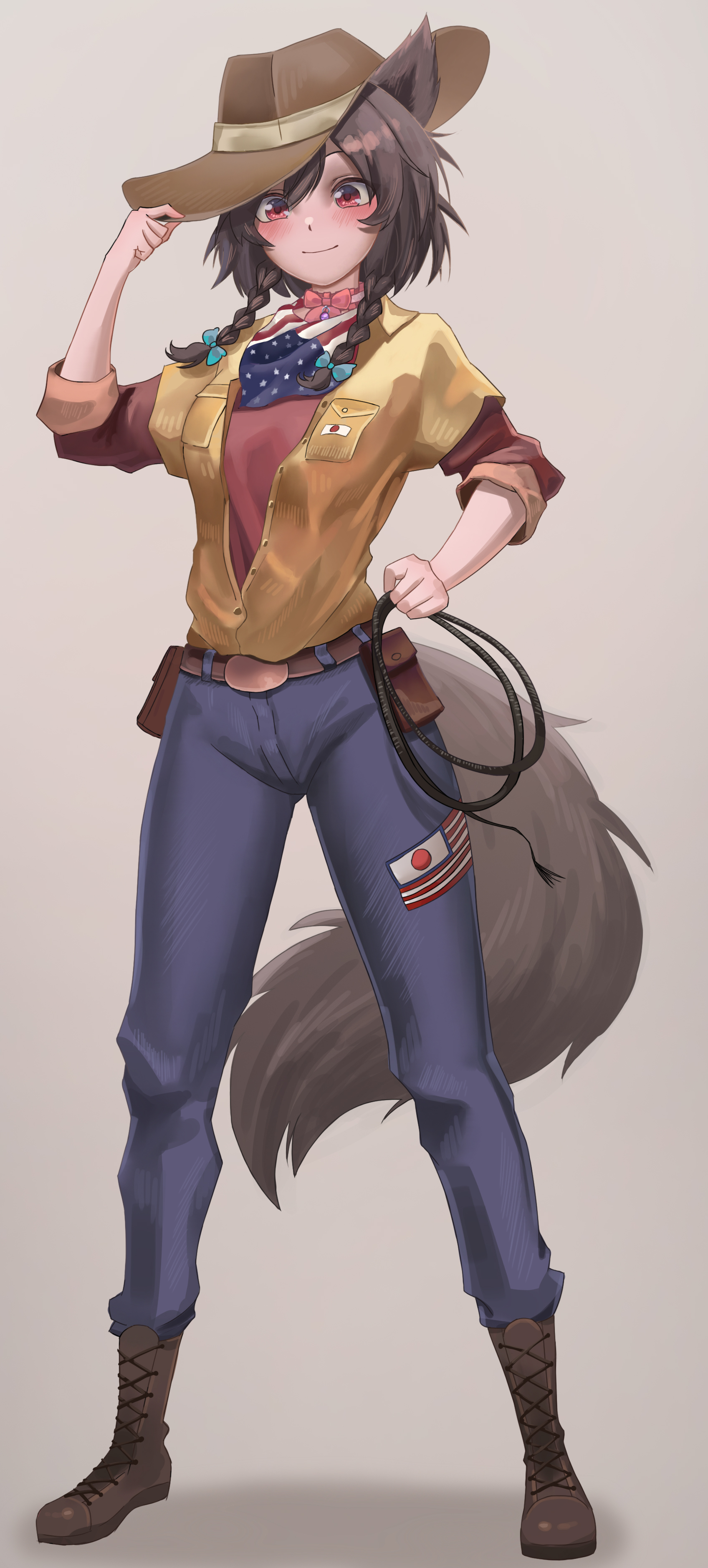 Safebooru - 1girl absurdres american flag animal ears bangs belt black hair black tail blue bow ...