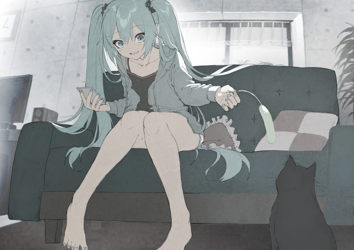 Safebooru - 1girl animal aqua eyes aqua hair aqua nails bangs barefoot black cat cat cat teaser ...