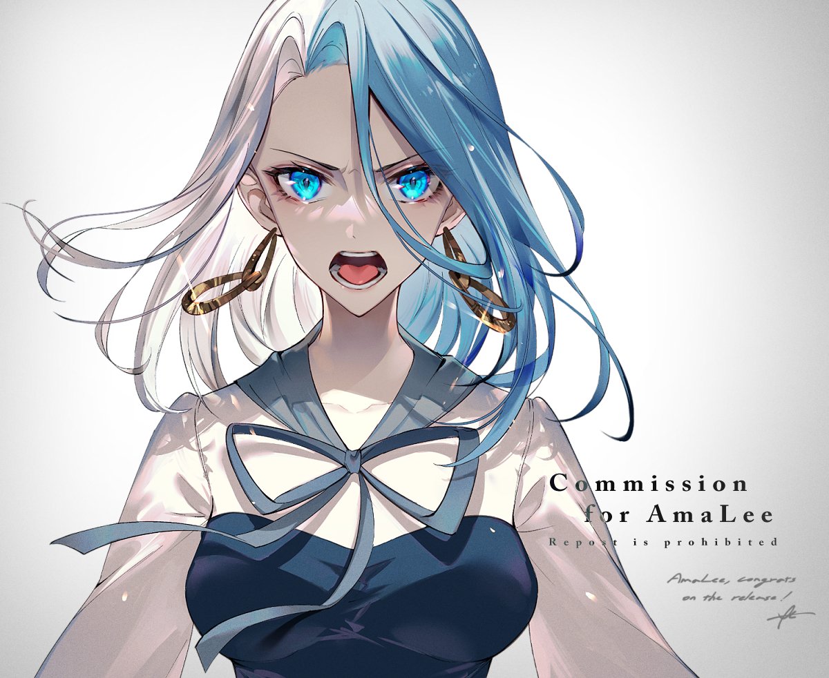 Safebooru - 1girl angry blue eyes blue hair blue ribbon breasts commission dangle earrings ...