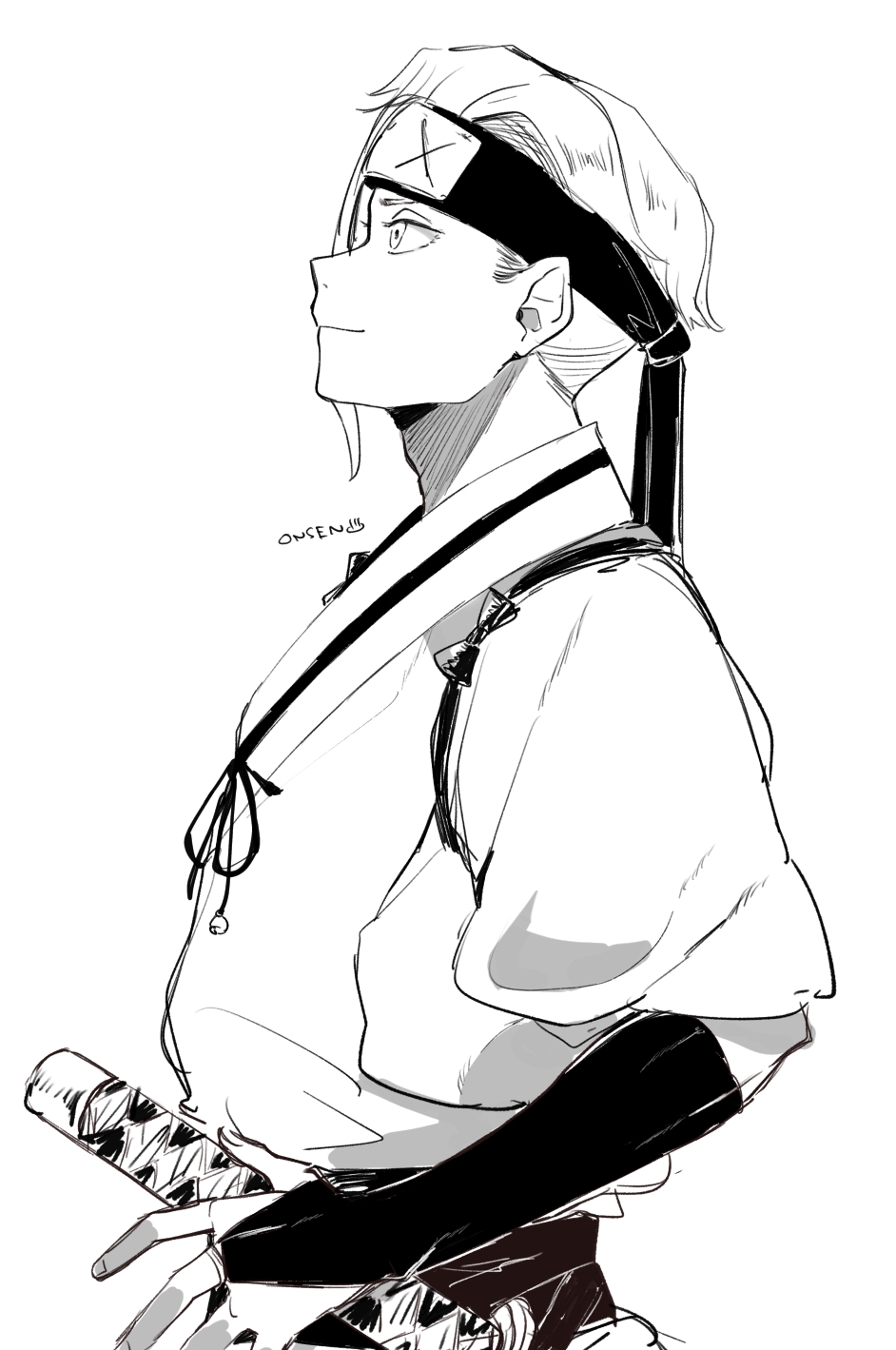 Safebooru - 1boy detached sleeves gensen-onsen1 greyscale headband ...