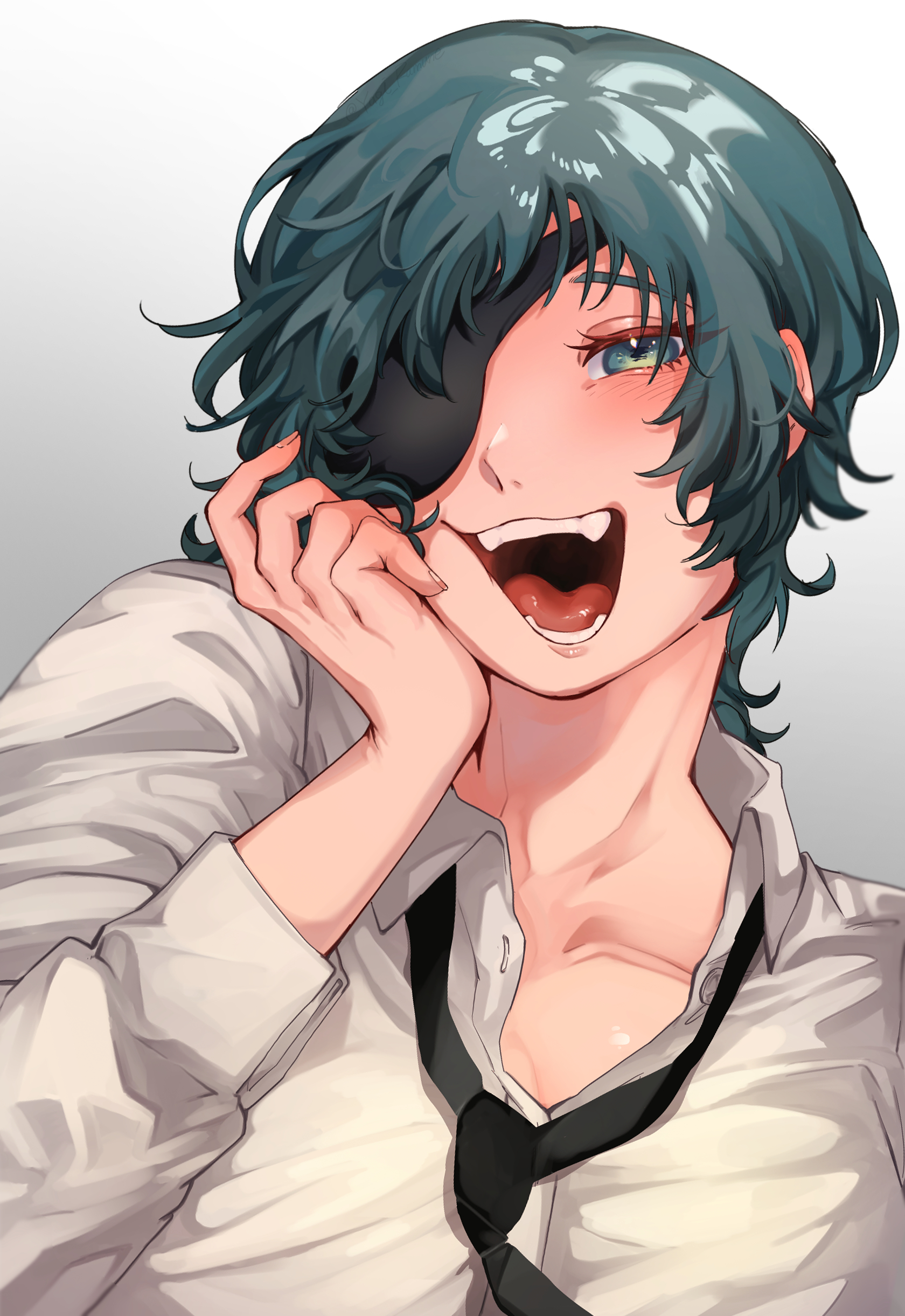 Safebooru - 1girl absurdres black necktie blush chainsaw man collared shirt eyepatch gradient ...