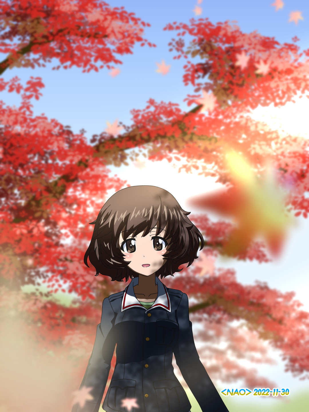 Safebooru - 1girl akiyama yukari artist name autumn autumn leaves bangs blue jacket blue sky ...
