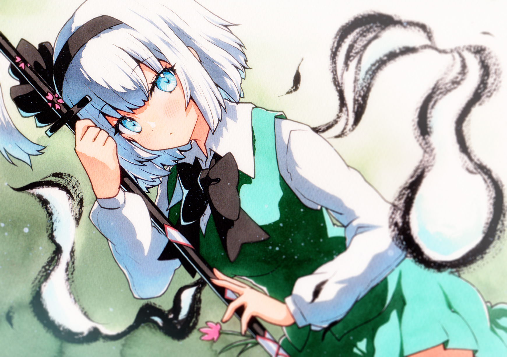 Safebooru - 1girl black hairband black ribbon blue eyes blush collared shirt green skirt green ...