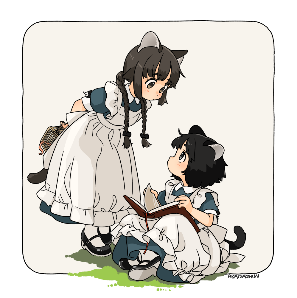 Safebooru - 2girls akai sashimi animal ears black eyes black hair book braid brown eyes leaning ...
