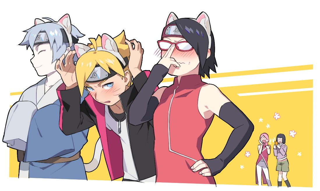 Safebooru - 2boys 3girls adjusting eyewear animal ears black gloves black hair black jacket ...