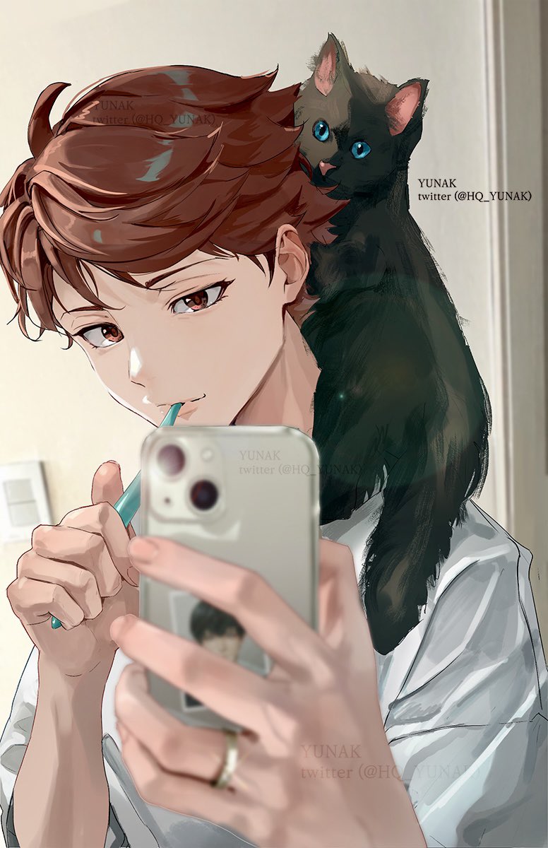 Safebooru - 1boy animal on shoulder black cat blue eyes brown eyes ...