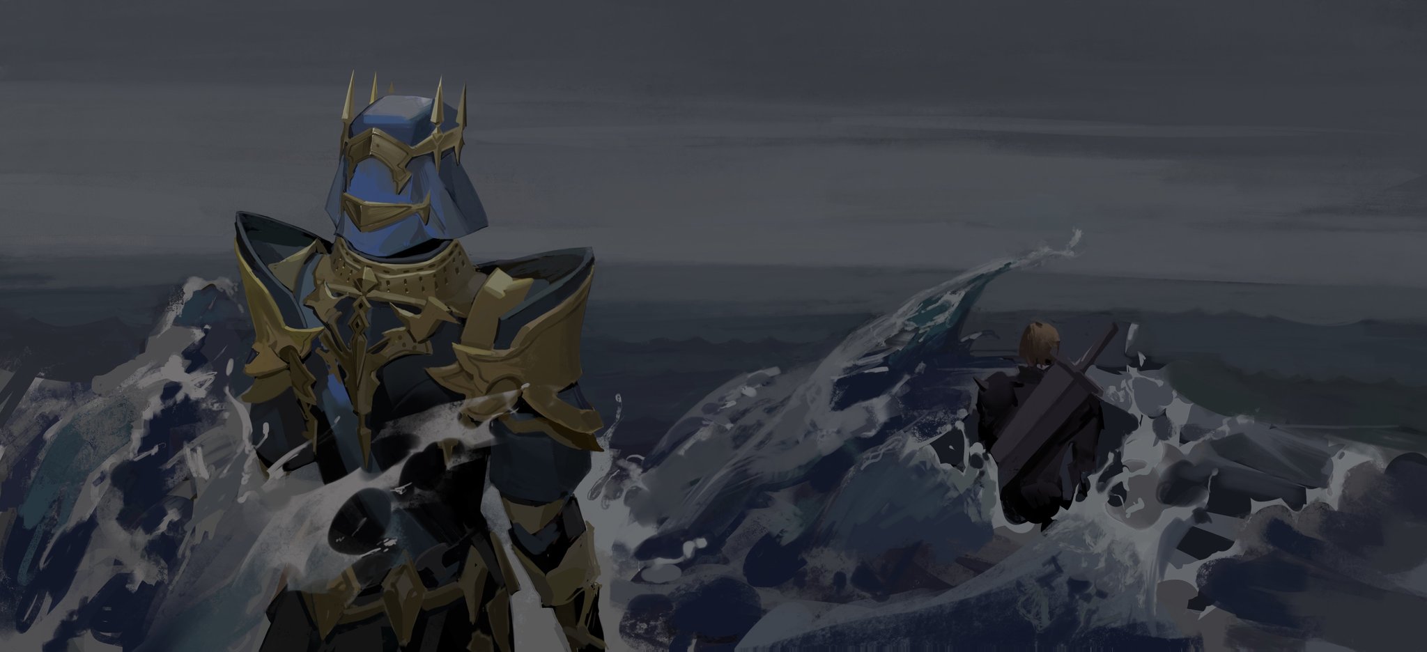 Safebooru - 1boy 1other adventurer (ff14) ambiguous gender armor arms at sides breastplate brown ...