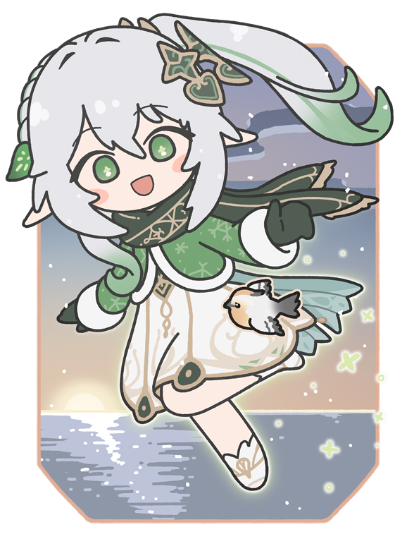 Safebooru - 1girl :d ahoge bangs bird dress elf full body futaba no ...