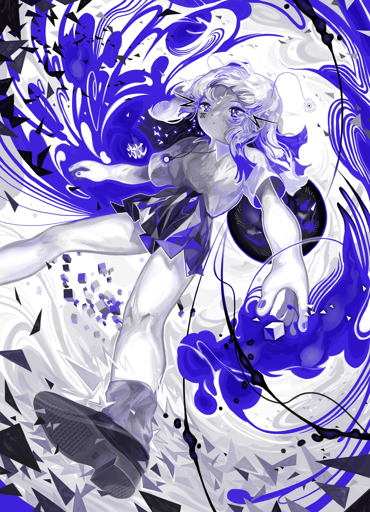 Safebooru - 1girl abstract abstract background antennae black footwear black skirt blue eyes ...