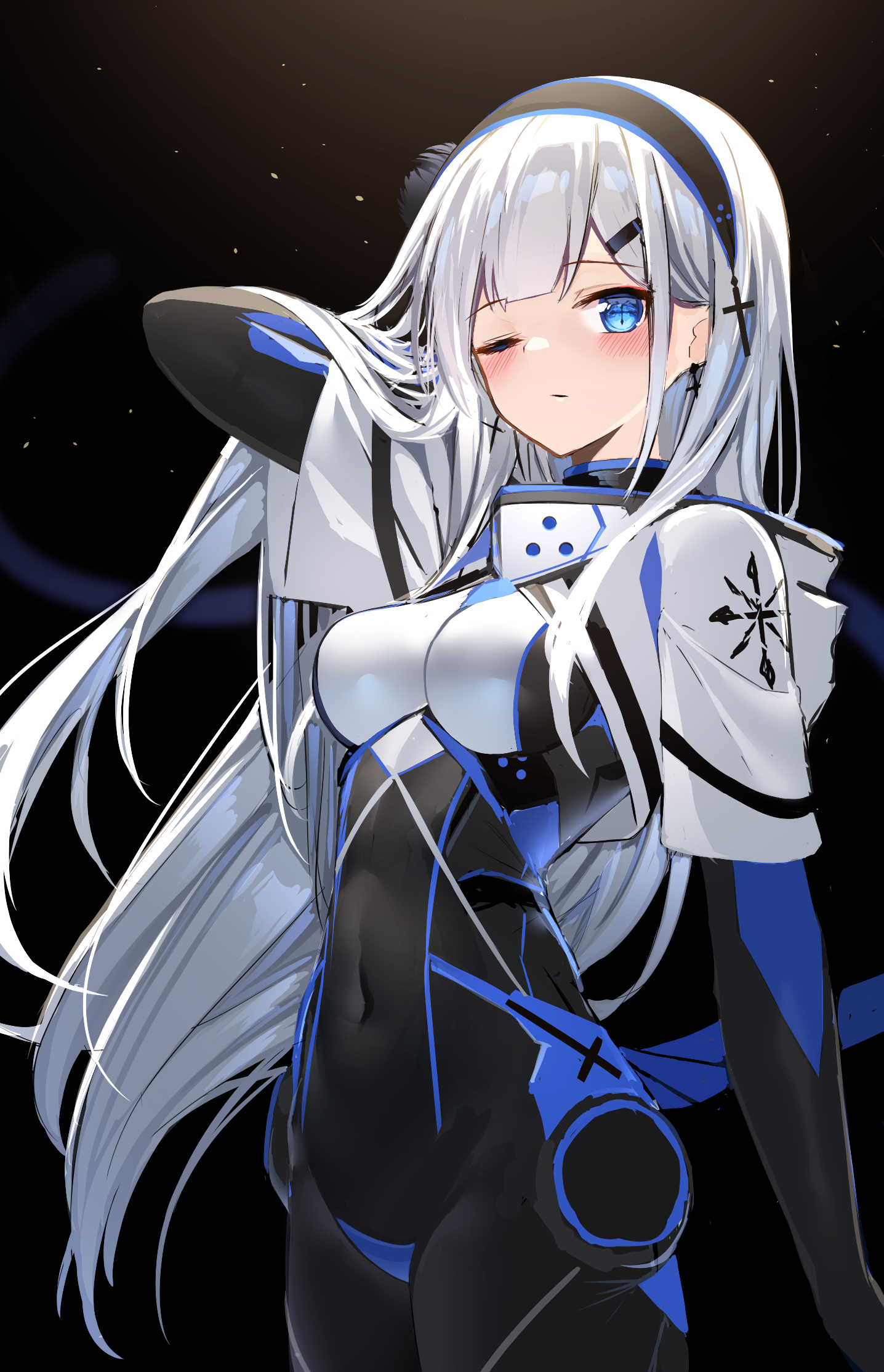 Safebooru - 1girl arm behind head black bow black hairband blue eyes blush bow breasts closed ...