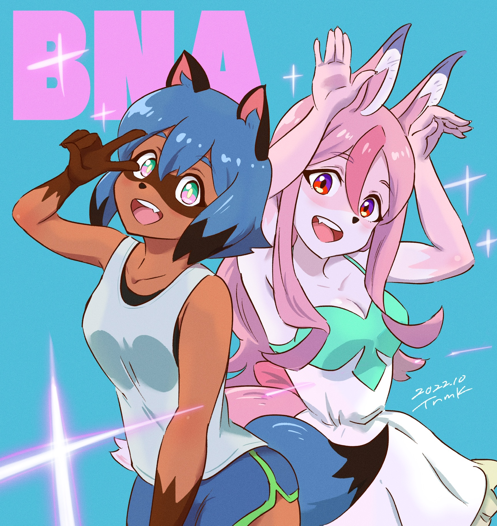Safebooru - 2girls :d animal ears arms up blue background blue hair blue shorts brand new animal ...