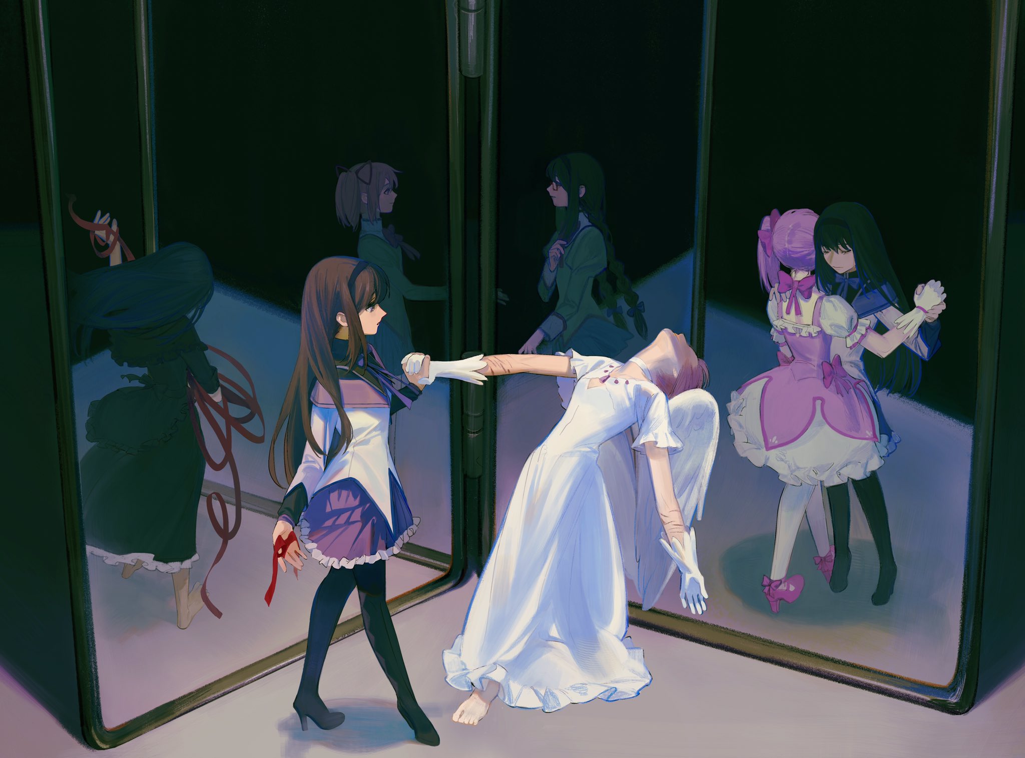 Safebooru - 6+girls akemi homura angel wings argyle argyle legwear bangs barefoot black capelet ...