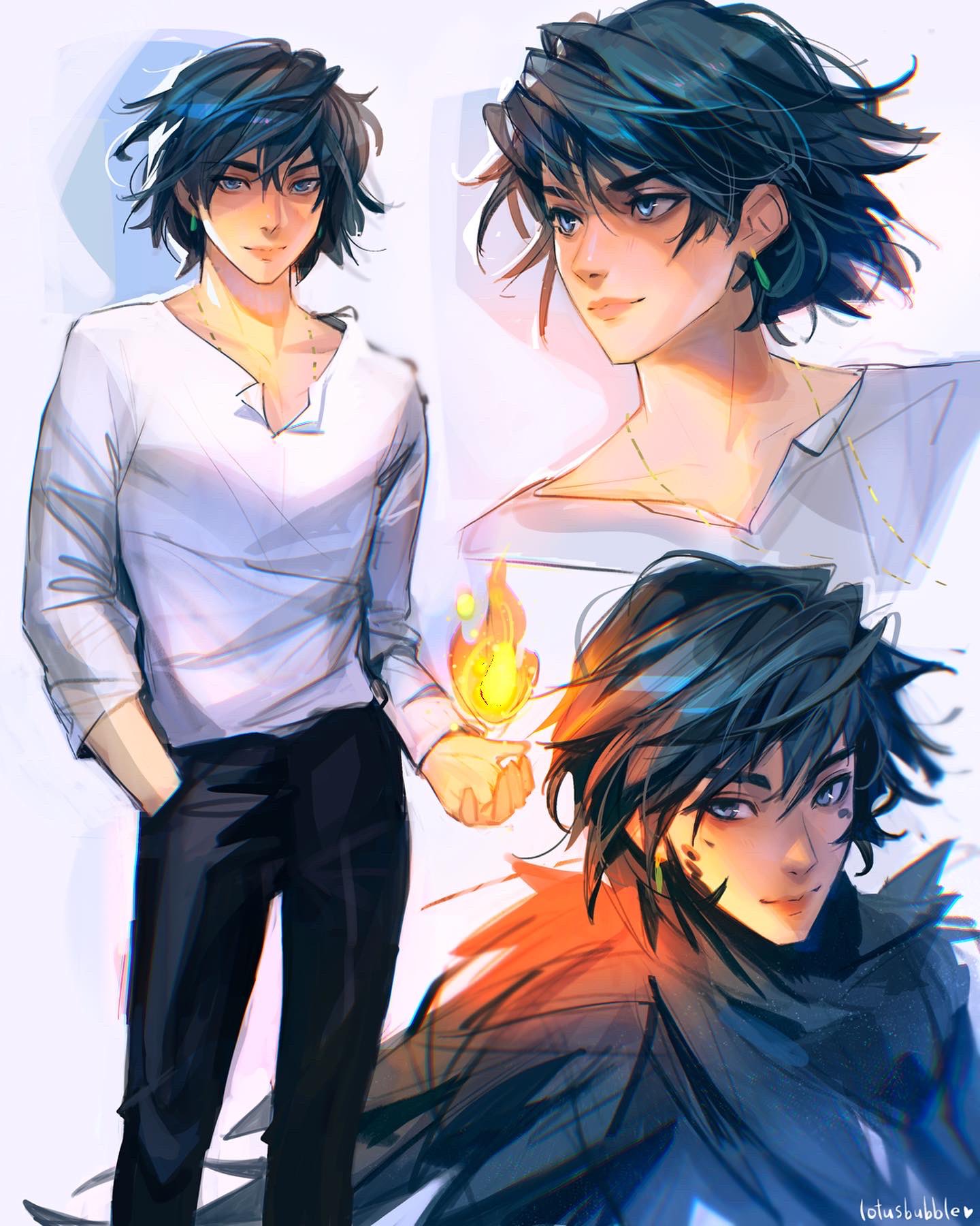 Safebooru - 1boy artist name bishounen black feathers black hair black pants blue eyes cowboy ...
